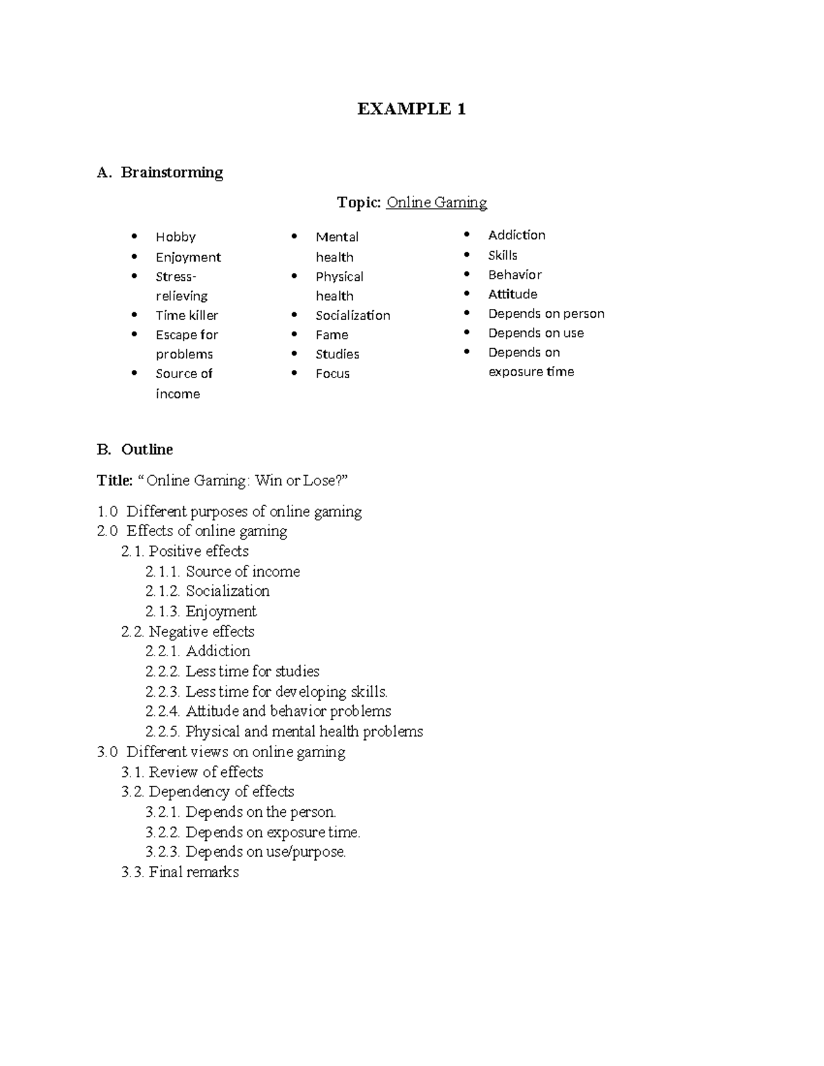 Academic Writing Example 1 - EXAMPLE 1 A. Brainstorming Topic: Online ...