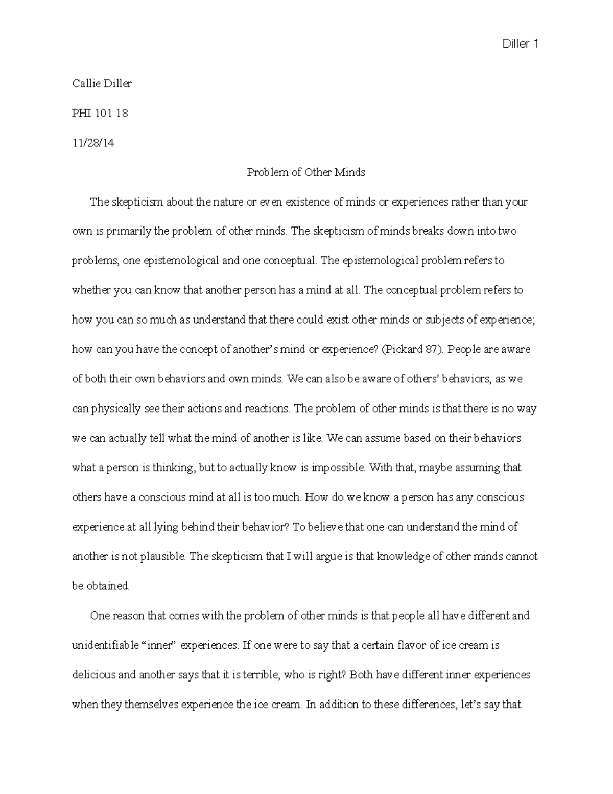Problem of Other Minds - Grade: A - Callie Diller PHI 101 18 11/28 ...