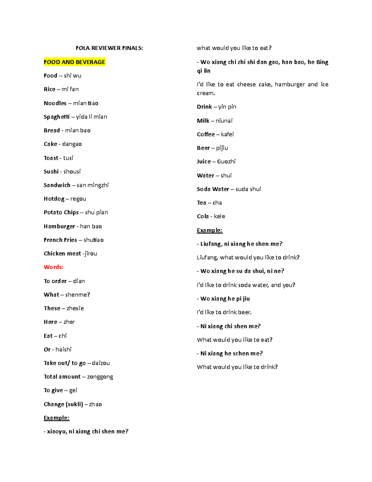 FOLA- Reviewer- Finals - FOLA REVIEWER FINALS: FOOD AND BEVERAGE Food ...