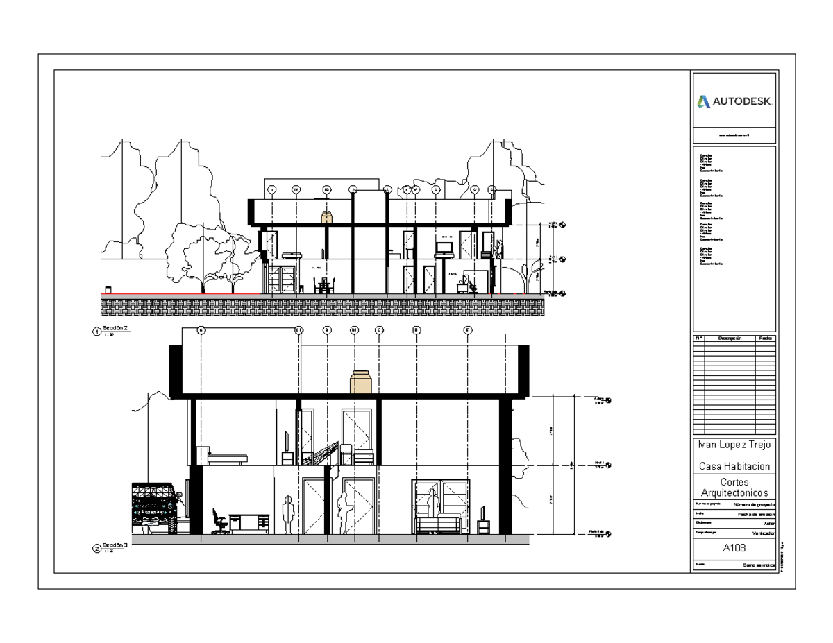 Cortes arquitectonicos - Planta Baja 0 m Nivel 1 2 m Azotea 5 m 1 1A 1B ...