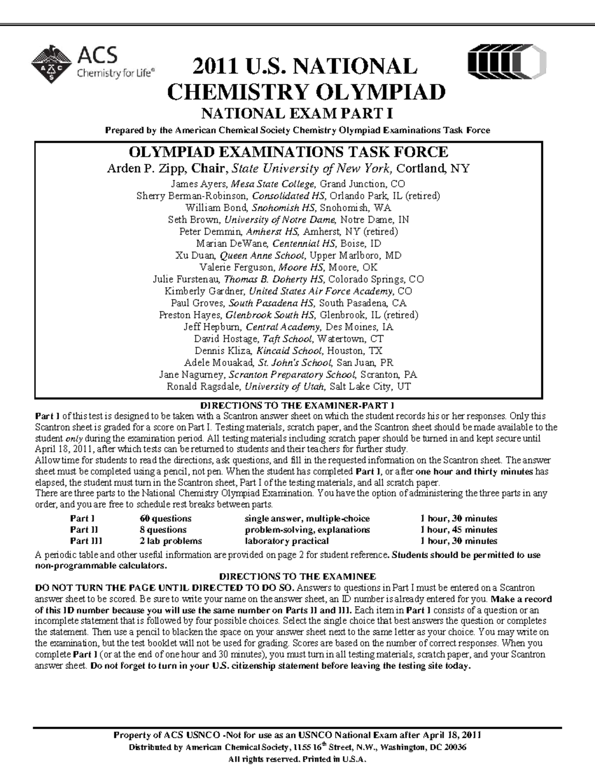 2011 usnco national exam part i - 2011 U. NATIONAL CHEMISTRY OLYMPIAD ...