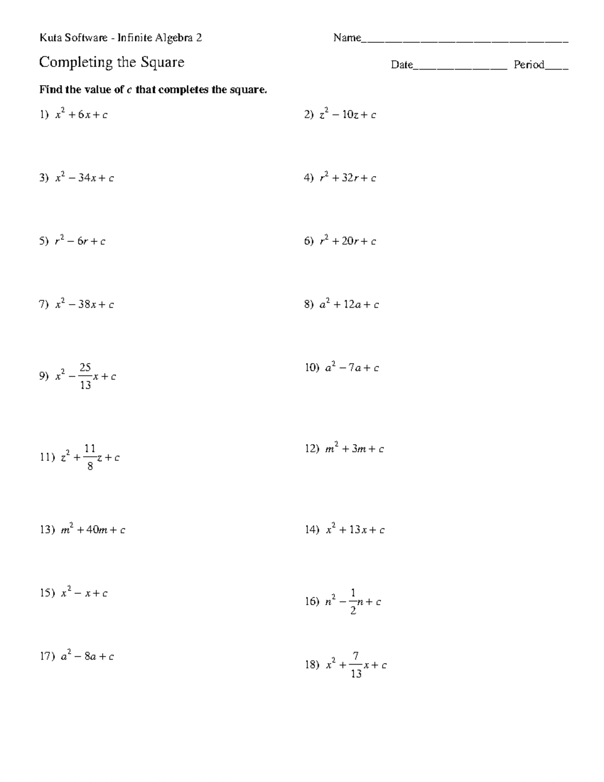 Completing the Square - Algebra 2 Practice material - ©M T 2 g 0 C 1 k ...