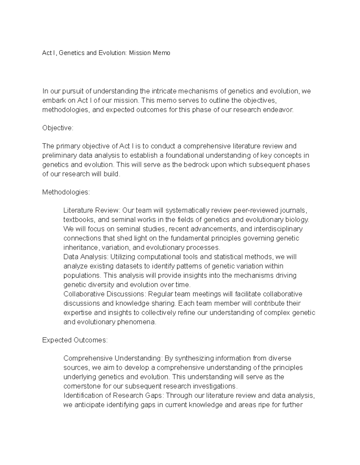Act I, Genetics and Evolution Mission Memo - This memo serves to outline the objectives, - Studocu
