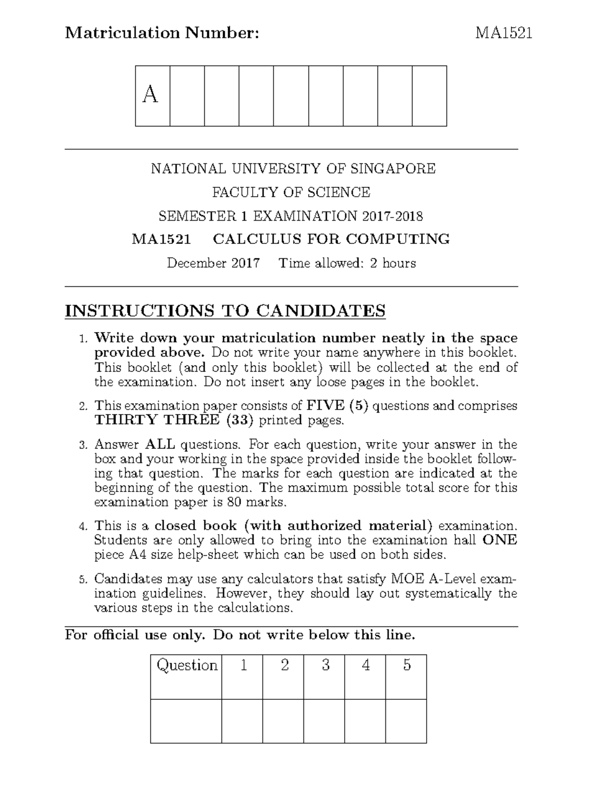 Sample/practice exam December 2017, questions - Matriculation Number ...