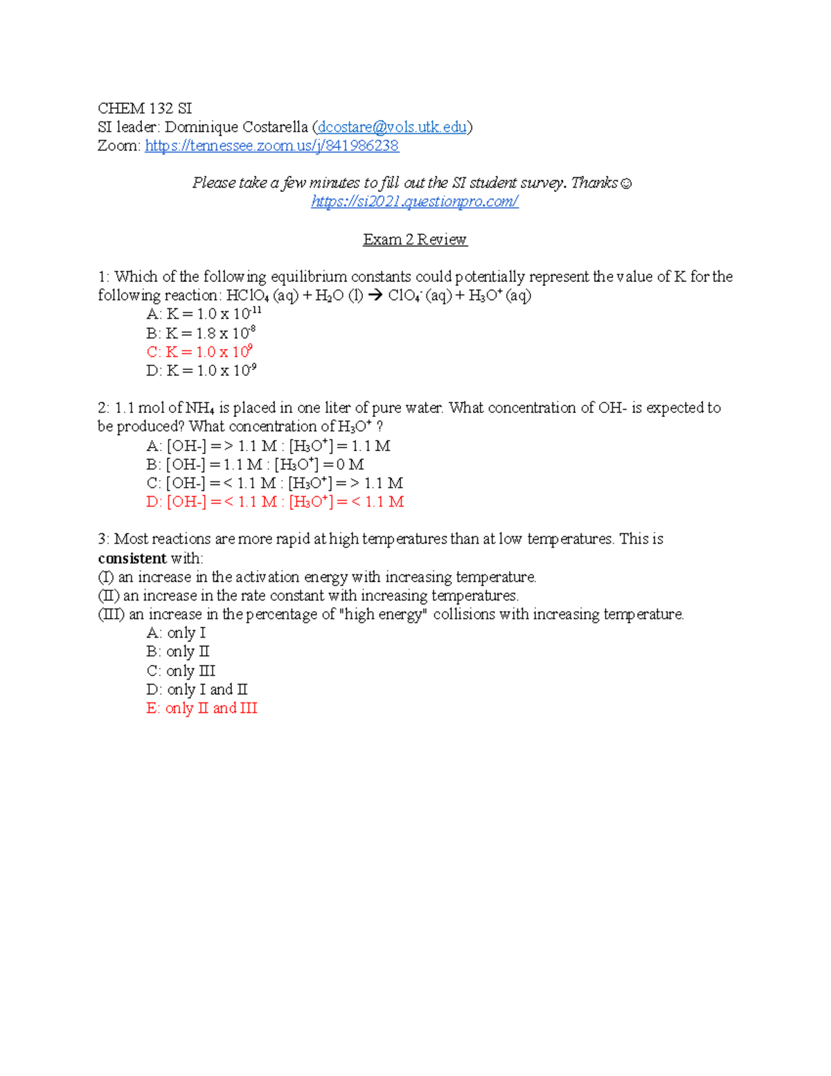 CHEM 132 SI - Exam 2 Review (key) - CHEM 132 SI SI leader: Dominique ...