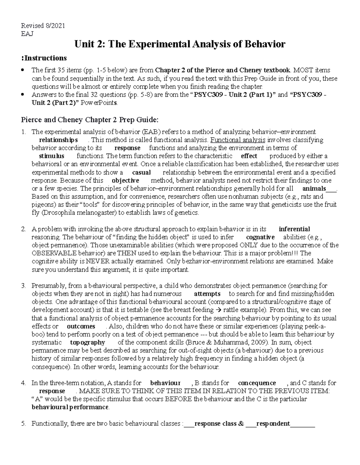 Unit 2 Prep Guide - The Experimental Analysis of Behavior (Student) 1 ...