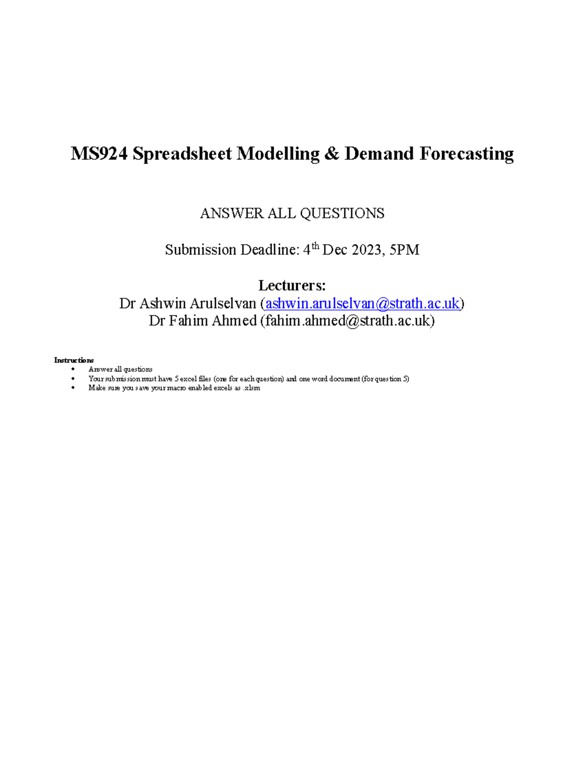 Assignment M924 - For my Academics - MS924 Spreadsheet Modelling ...