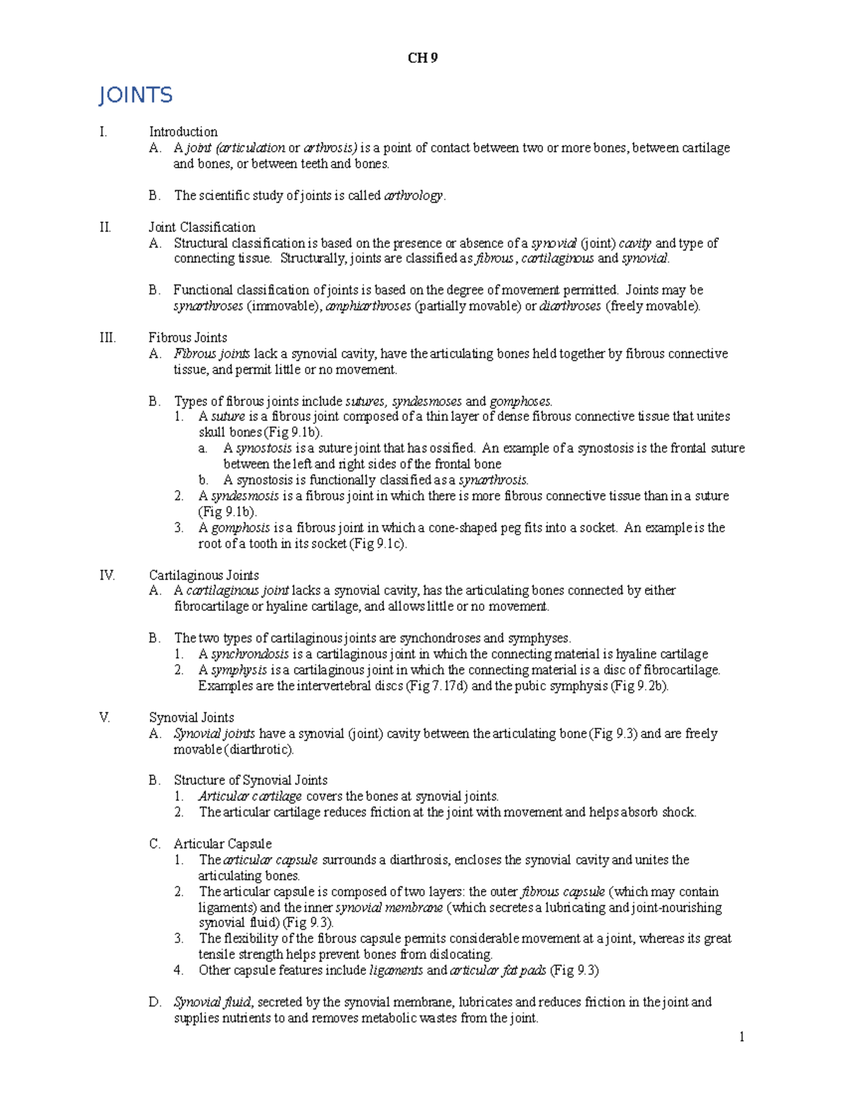 CH 9 Joints - notes - CH 9 JOINTS I. Introduction A. A joint ...
