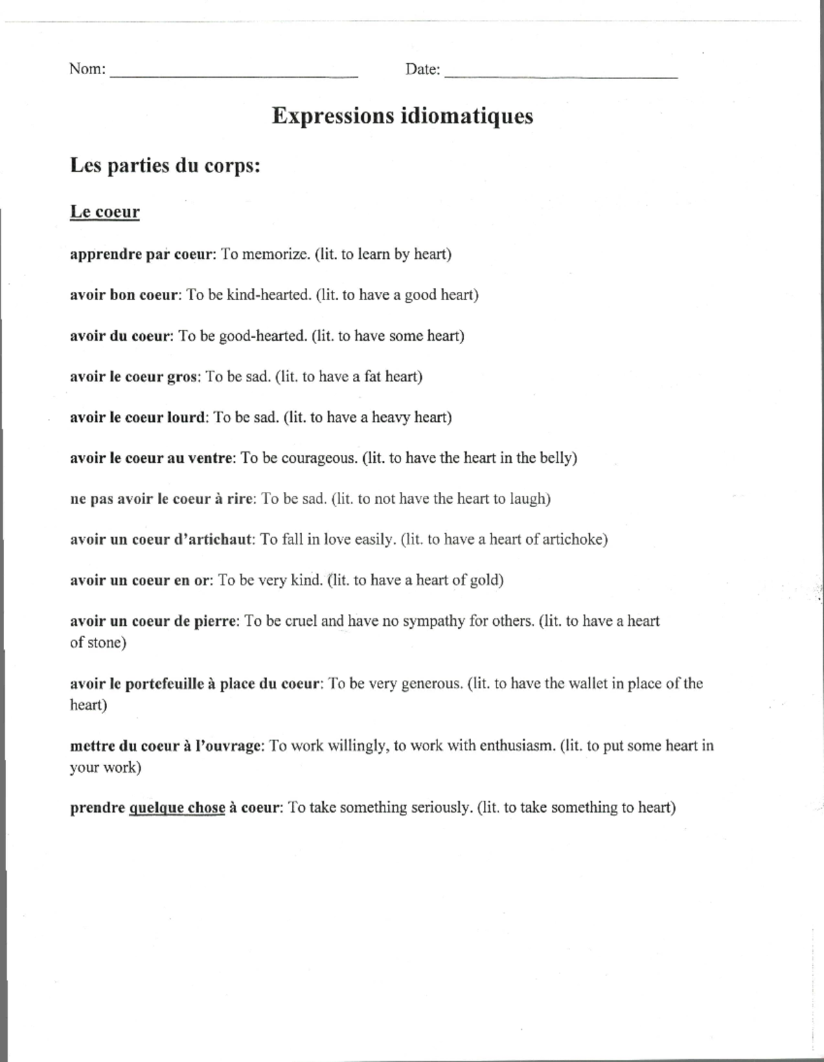 Expression idiomatiques - Les parties du corps student - Nom: Date ...