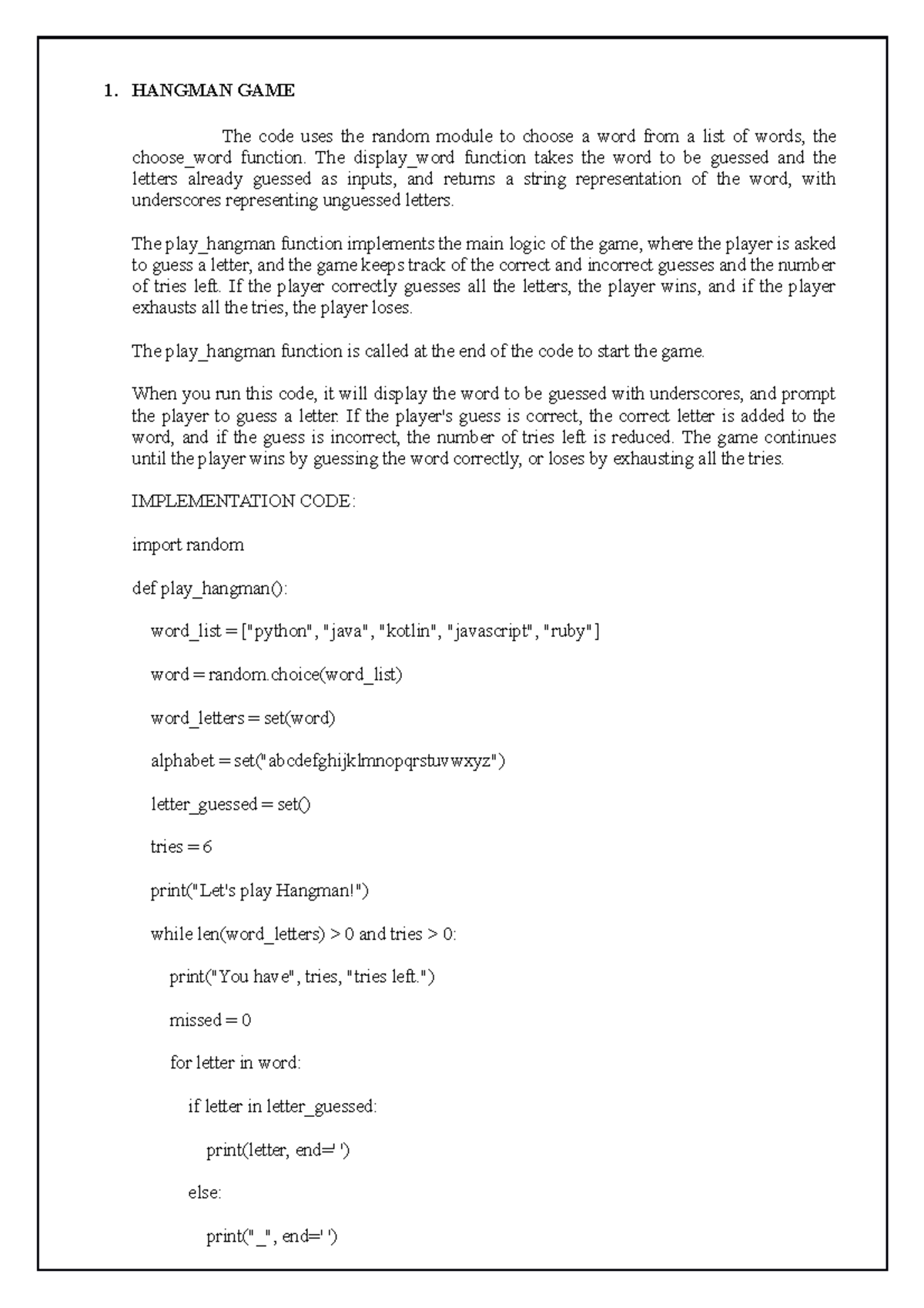 ADP ra - adp project related to game - 1. HANGMAN GAME The code uses ...