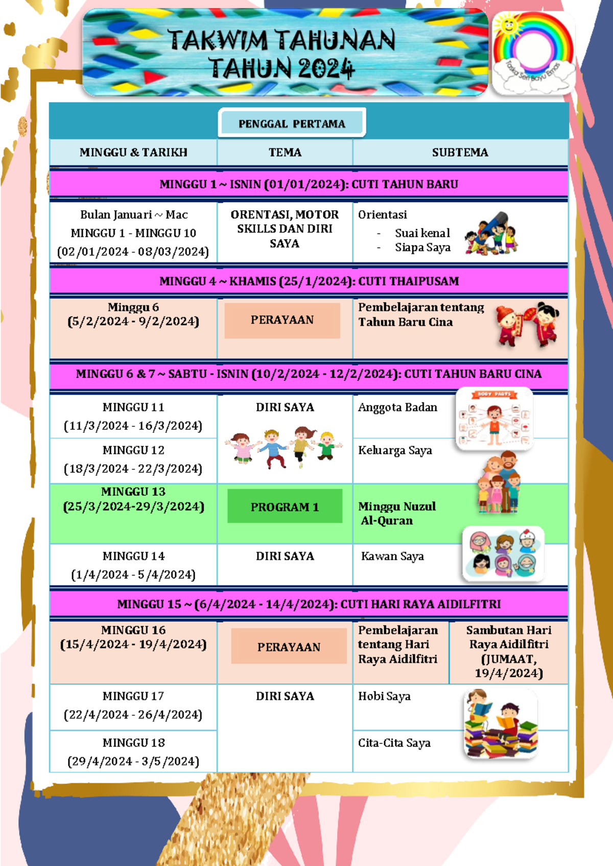 Takwim TEMA 2024 - MINGGU & TARIKH TEMA SUBTEMA MINGGU 1 ~ ISNIN ( 01 / 01 /2024): CUTI TAHUN ...