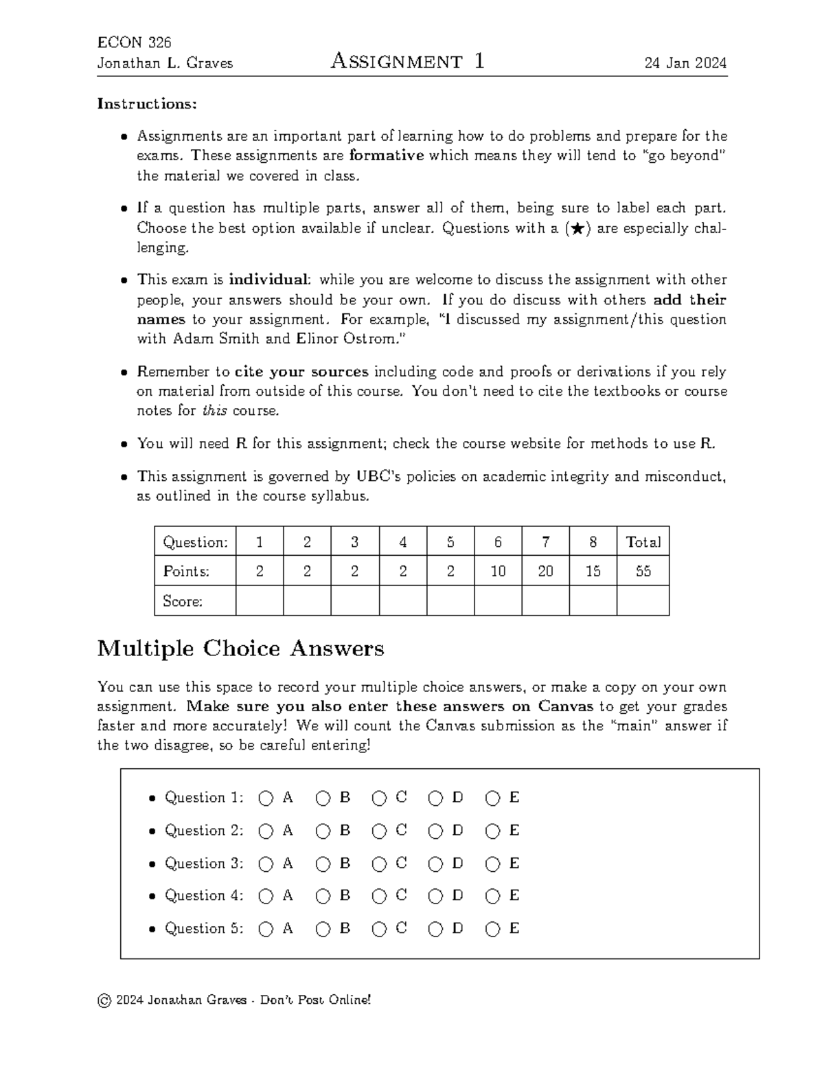 2023 - Assignment 1 - ECON 326 Jonathan L. Graves Assignment 1 24 Jan 2024 Instructions ...