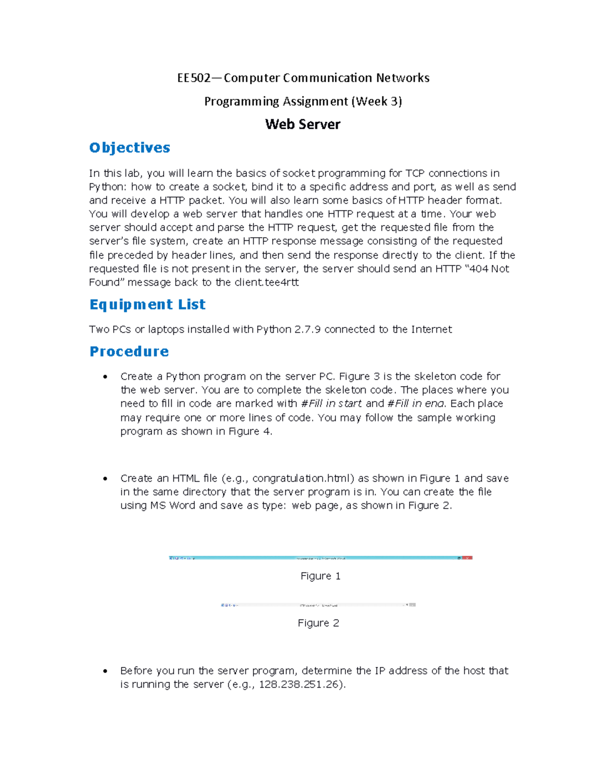 Programming excercise - EE502—Computer Communication Networks Programming Assignment (Week 3 ...