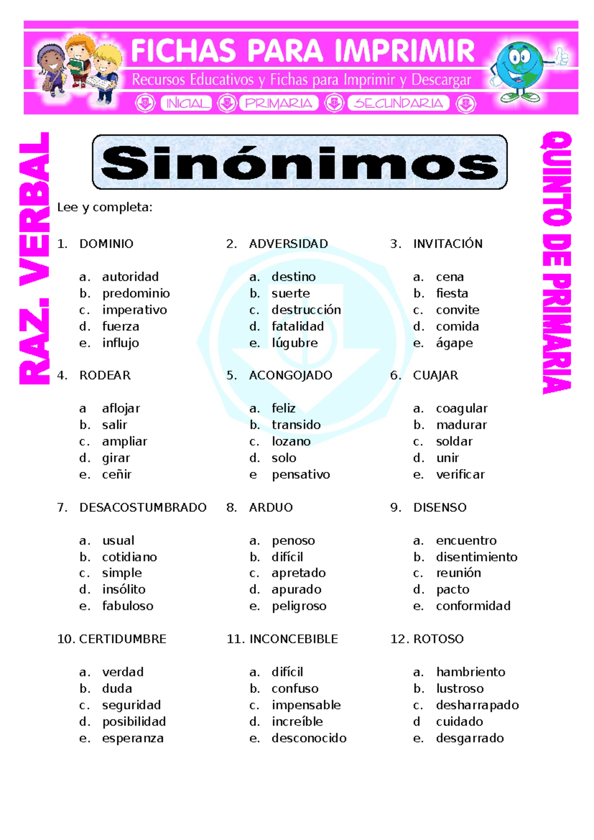 Sinónimos Ejercicios para Quinto de Primaria - Lee y completa: 1 ...