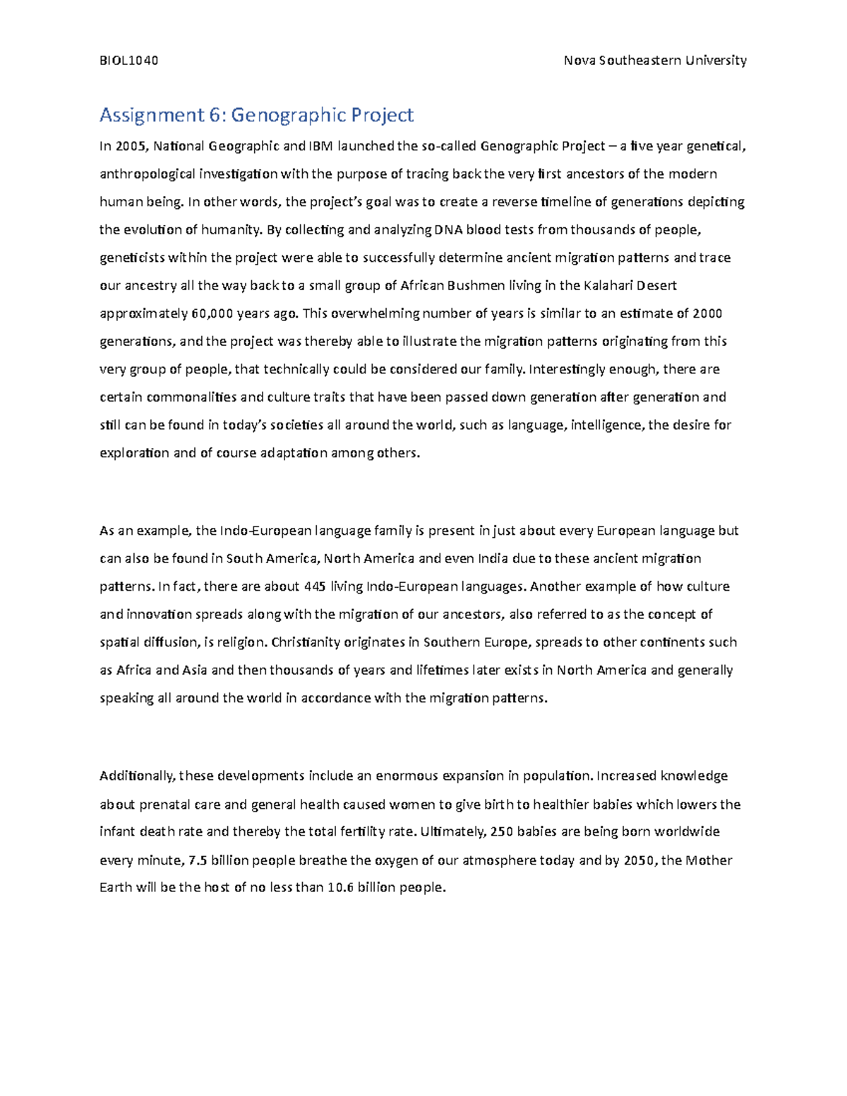 Assignment 6 Genographic Project - BIOL1040 Nova Southeastern ...