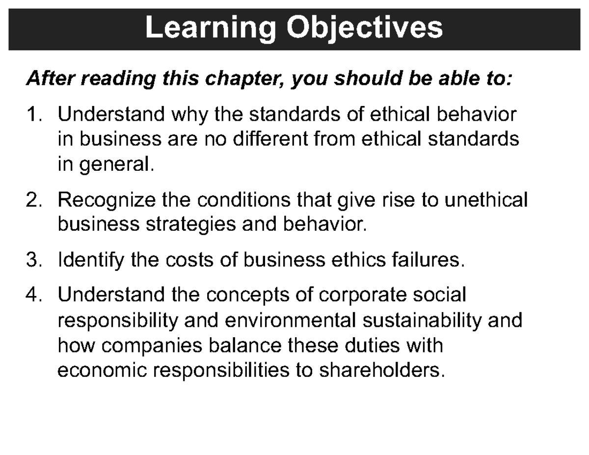 Chapter 9 Business ethics - MGMT4P90 - Learning Objectives After reading this chapter, you ...