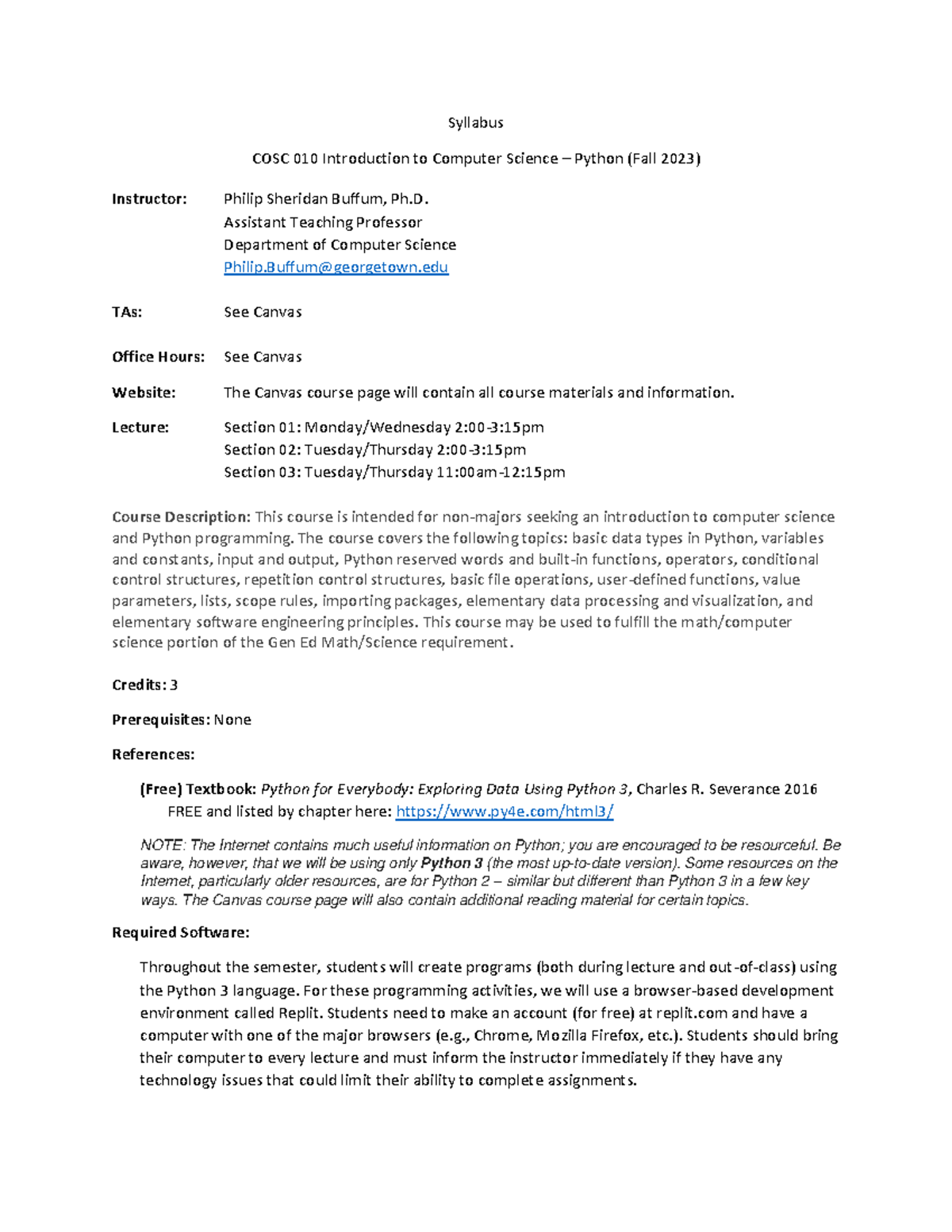 Syllabus Syllabus Cosc 010 Introduction To Computer Science Python