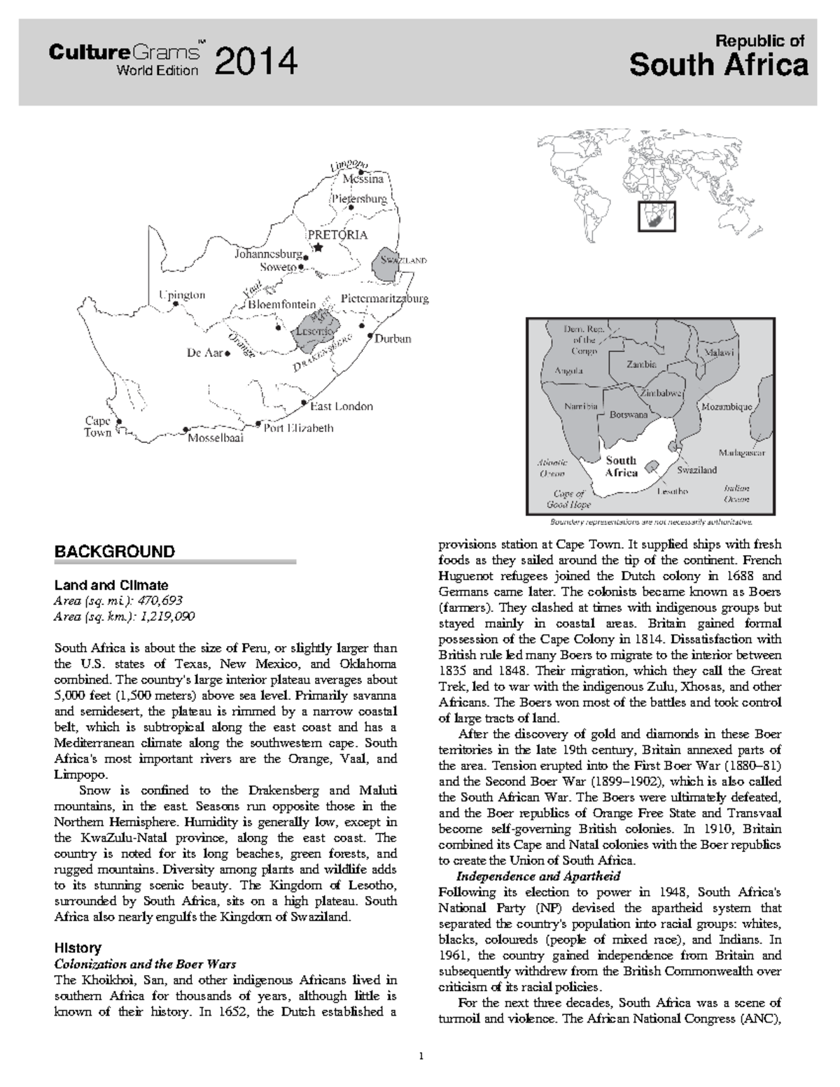 South africa 2014 - information for AFL1501 - CultureGrams World ...