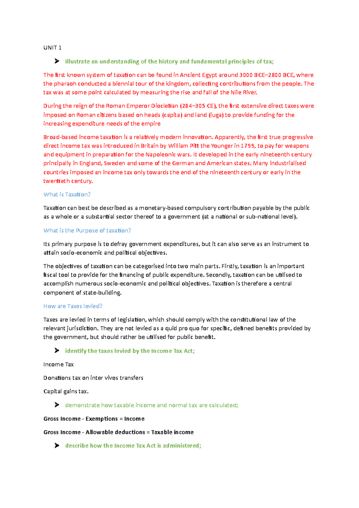Unit 1(Tax)notes - UNIT 1 Illustrate an understanding of the history ...