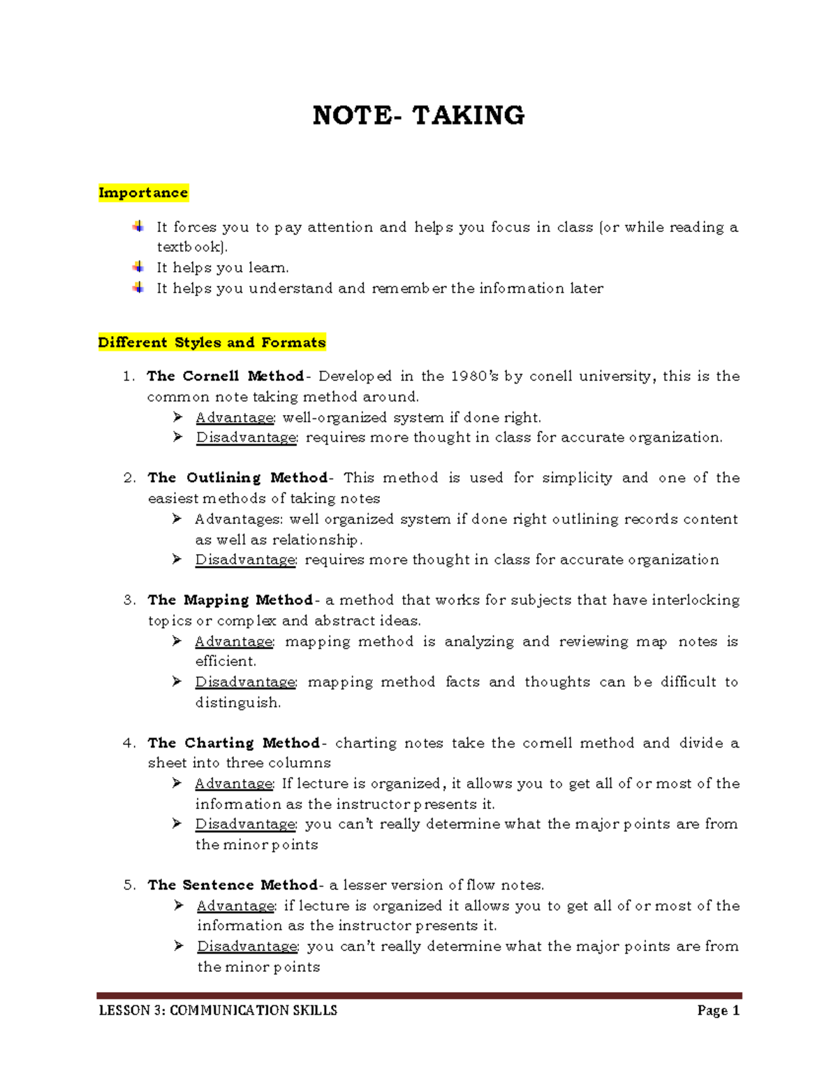 ENGL 100 Compiled Notes - NOTE- TAKING Importance It forces you to pay ...