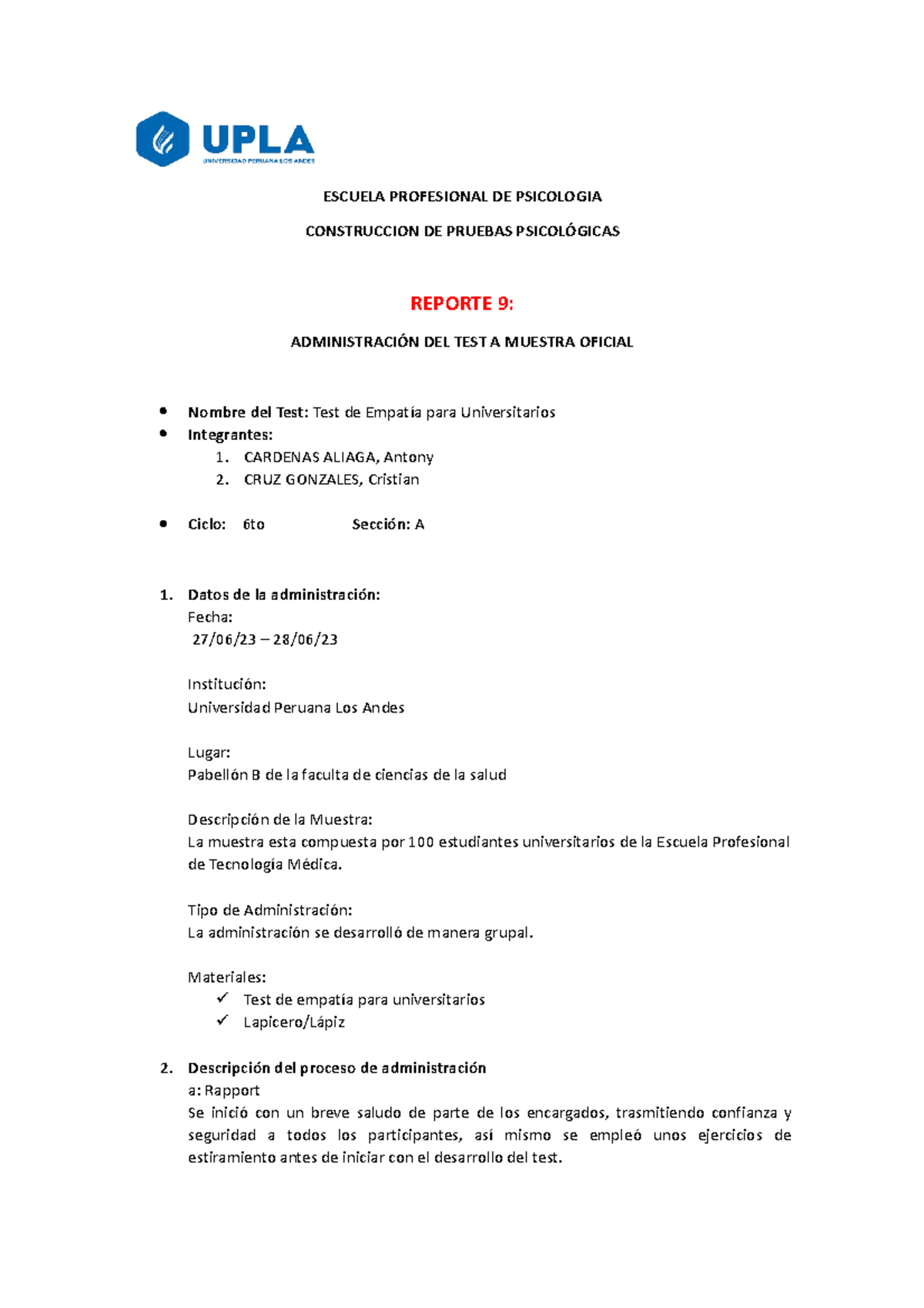 Reporte 9 - PRUEBAS - ESCUELA PROFESIONAL DE PSICOLOGIA CONSTRUCCION DE PRUEBAS PSICOLÓGICAS ...