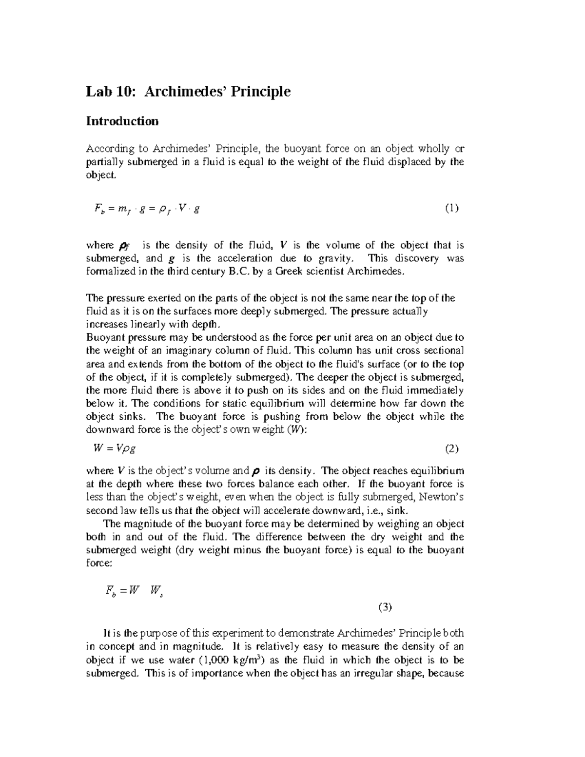 Lab 10-Archimedes' Principle - Lab 10: Archimedes’ Principle ...