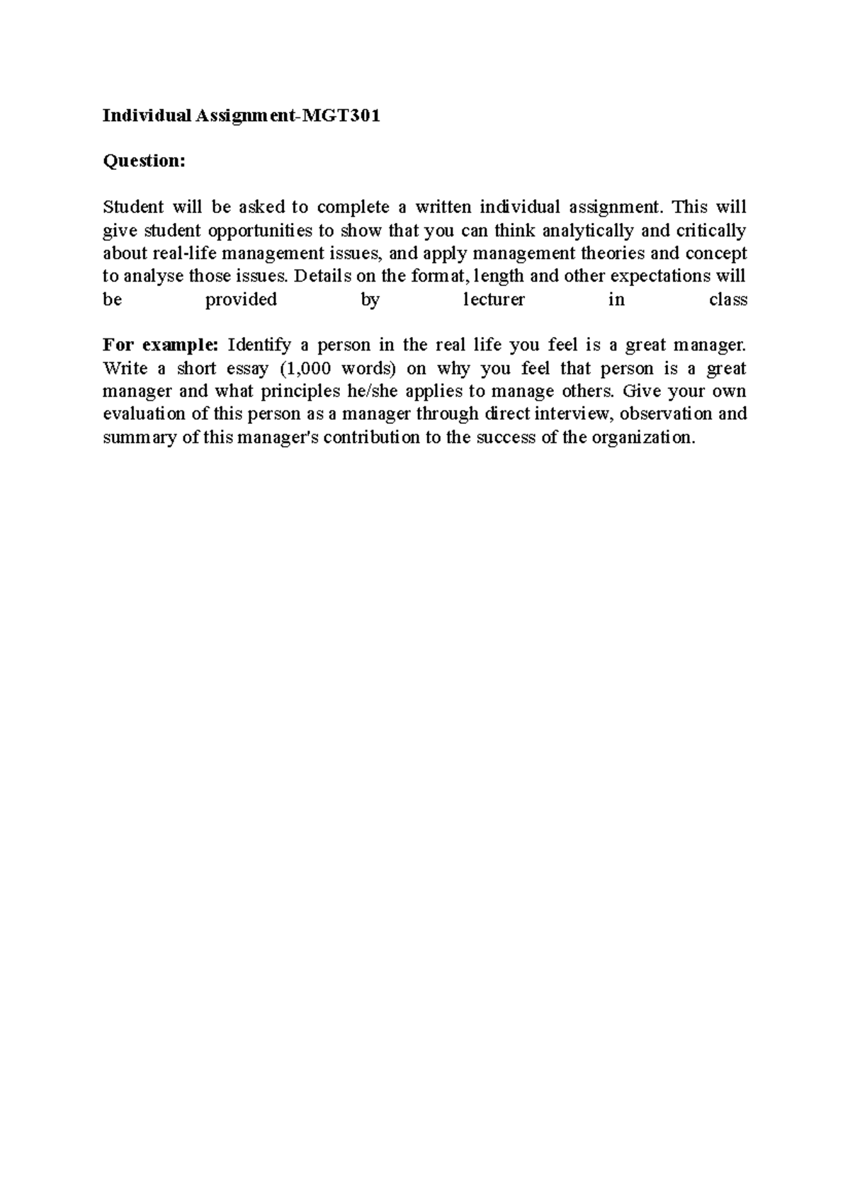 Individual Assignment - This will give student opportunities to show ...