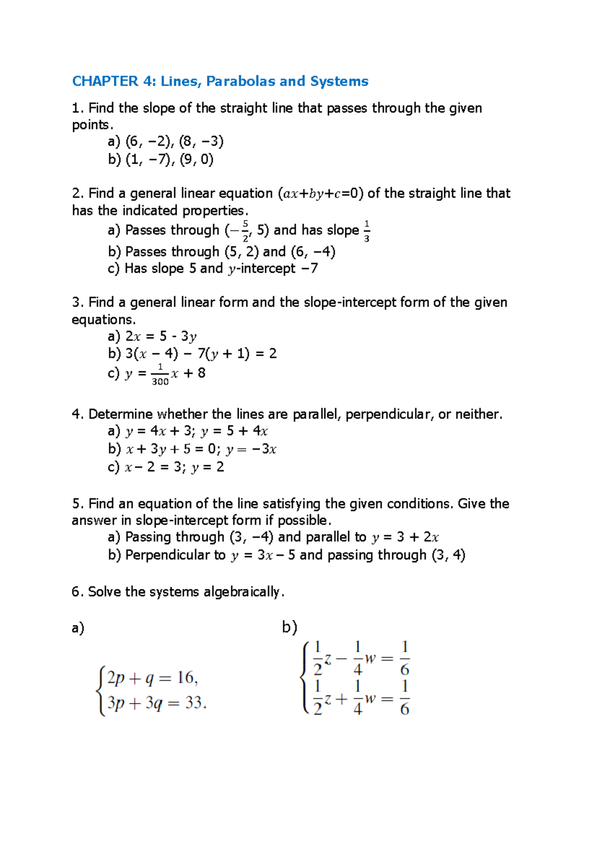 Tutorial 4 - Questions - CHAPTER 4: Lines, Parabolas and Systems Find ...