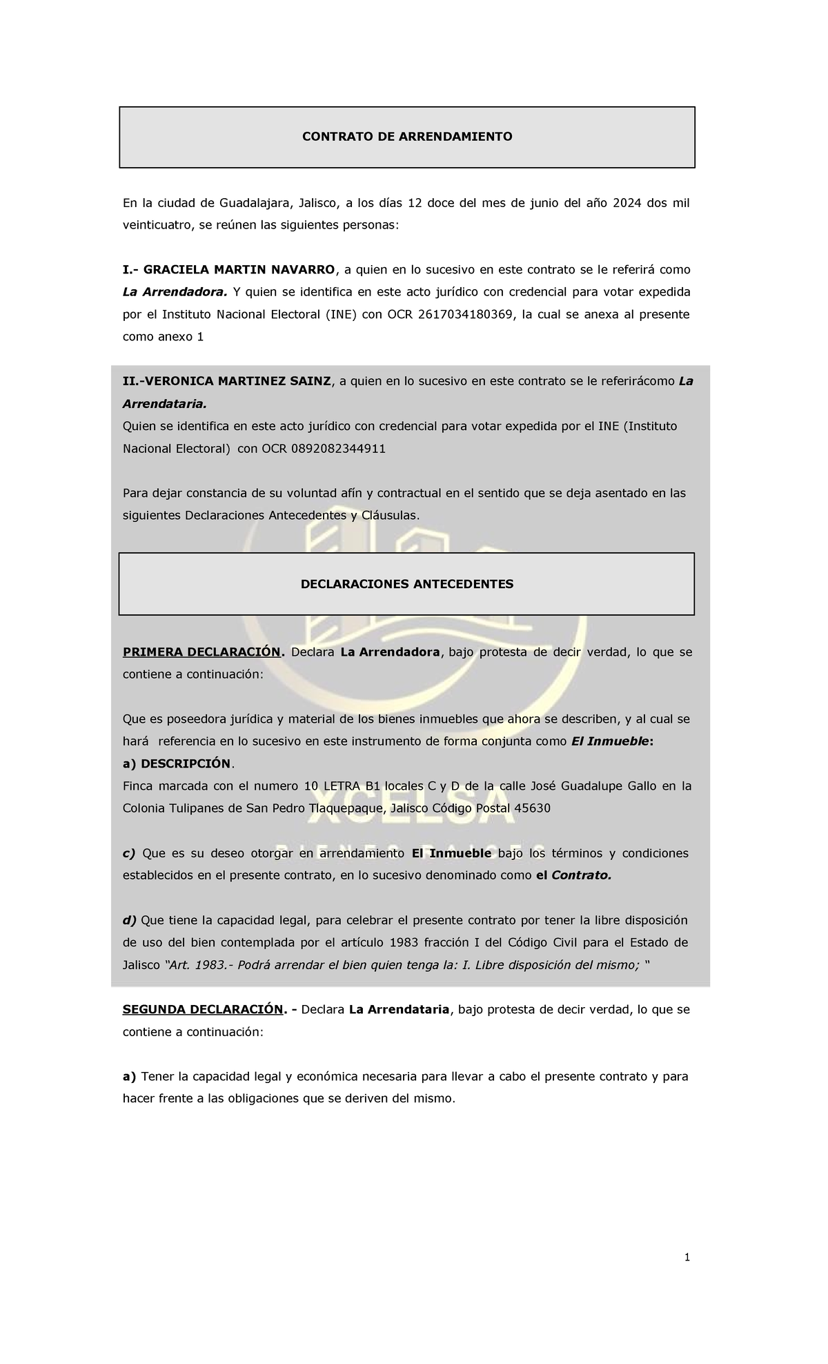 Contrato DE Arrendamiento 12 06 2024 - DECLARACIONES ANTECEDENTES En la ...