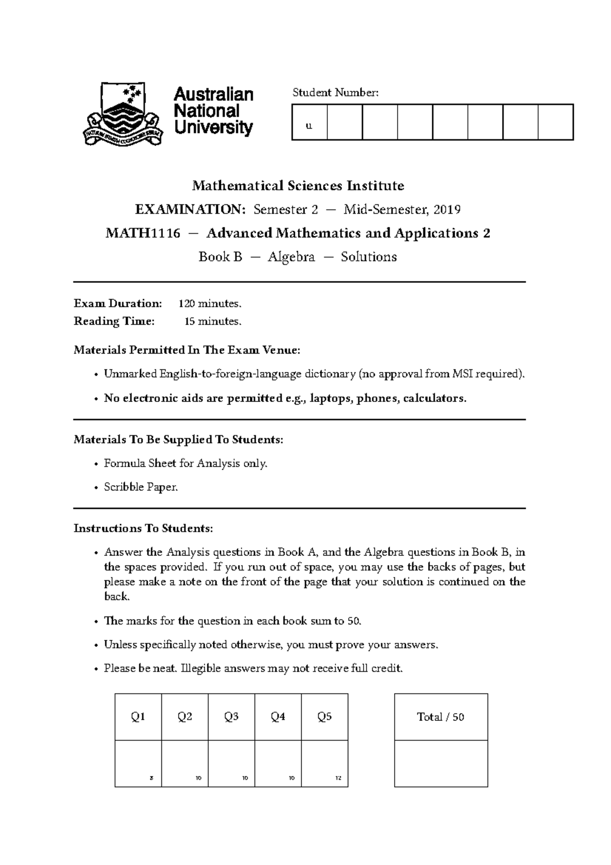 Exam 2019, questions and answers - Student Number: u Mathematical ...