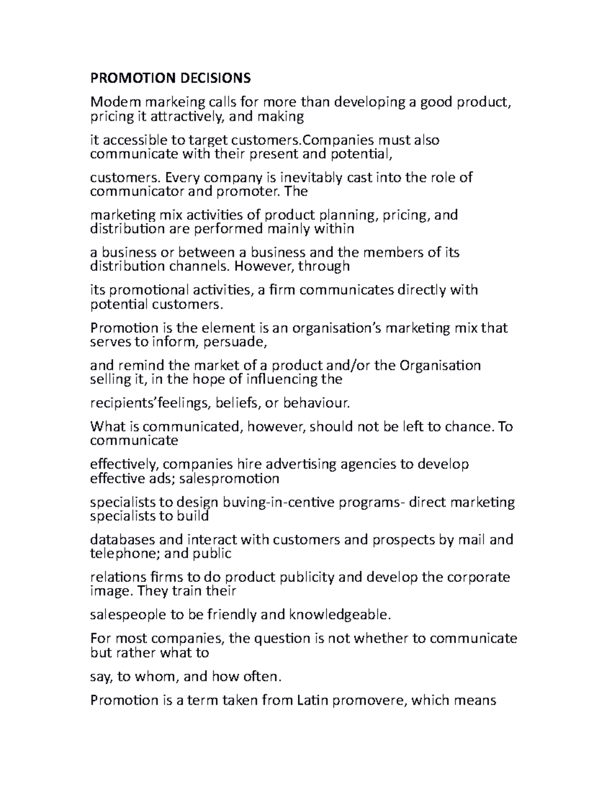 Promotion Decisions notes - PROMOTION DECISIONS Modem markeing calls ...