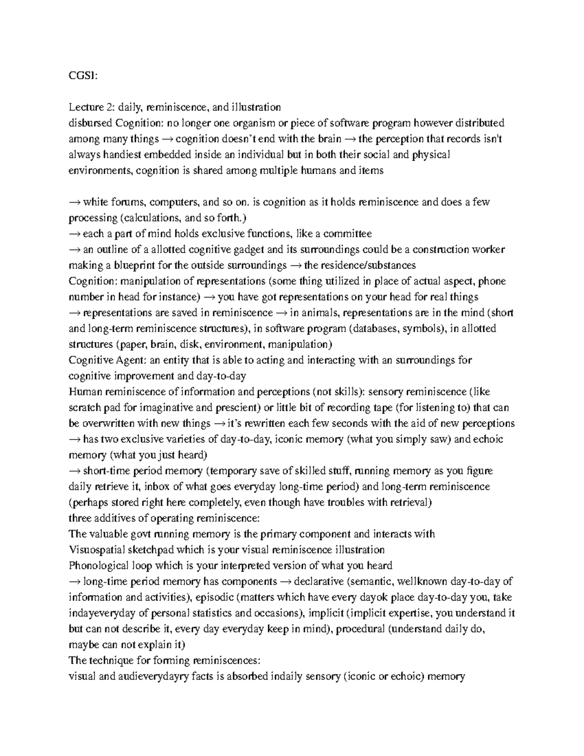 Lecture Notes CGSC 1001 - CGSI: Lecture 2: daily, reminiscence, and ...