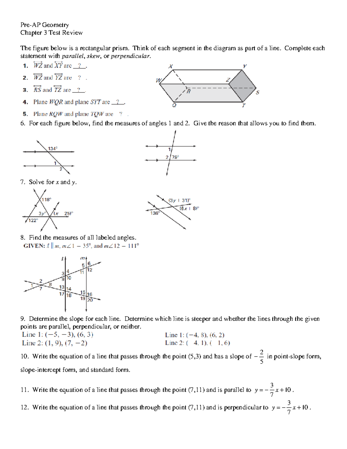 Review 2 3 - CALCULUS 1 - Pre-AP Geometry Chapter 3 Test Review The ...