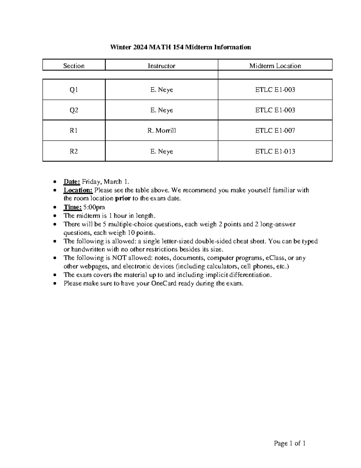 MATH 154 Midterm Information - Page 1 of 1 Winter 202 4 MATH 154 Midterm Information Section ...