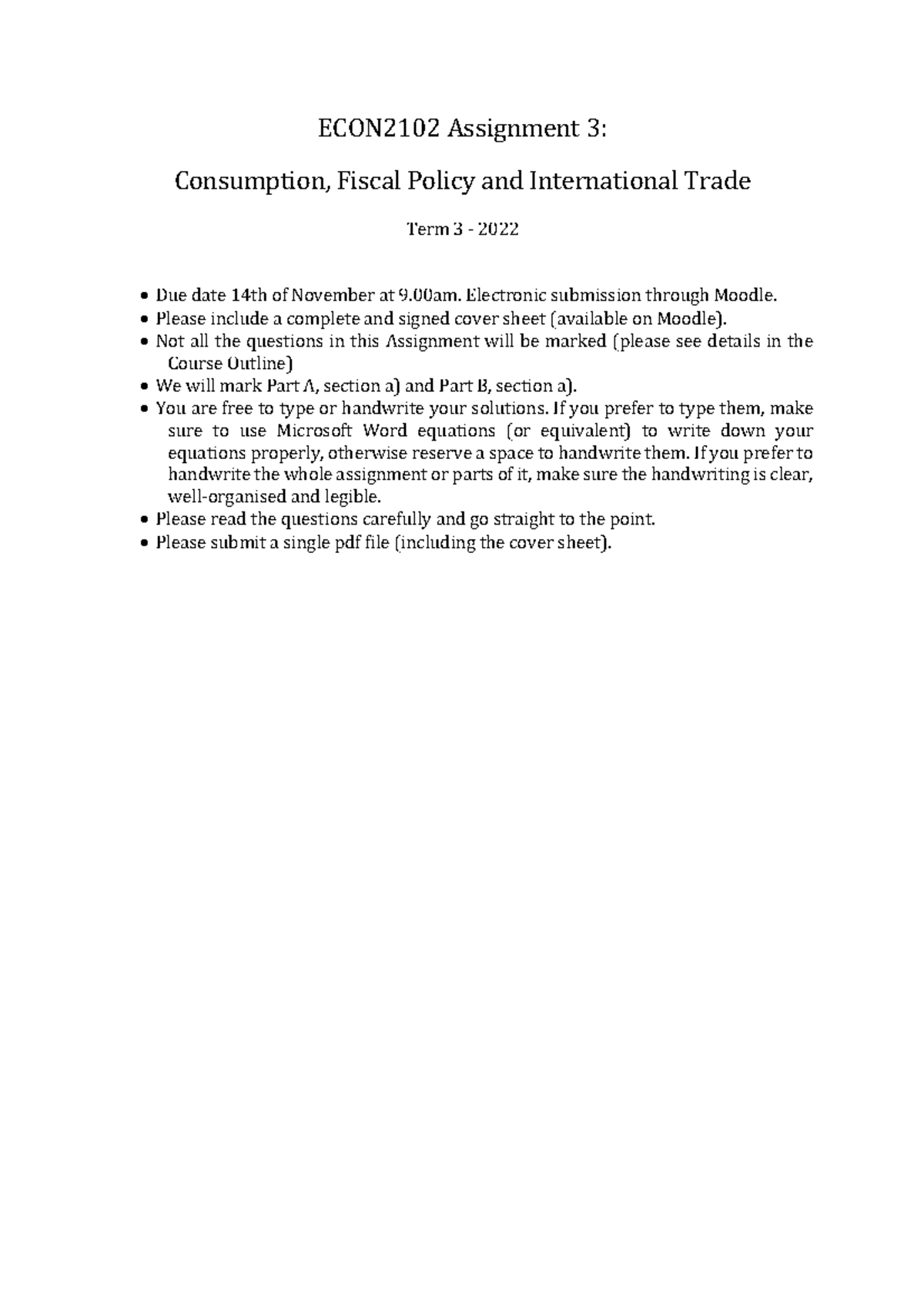 ECON2102 Assignment - Electronic submission through Moodle. Please ...