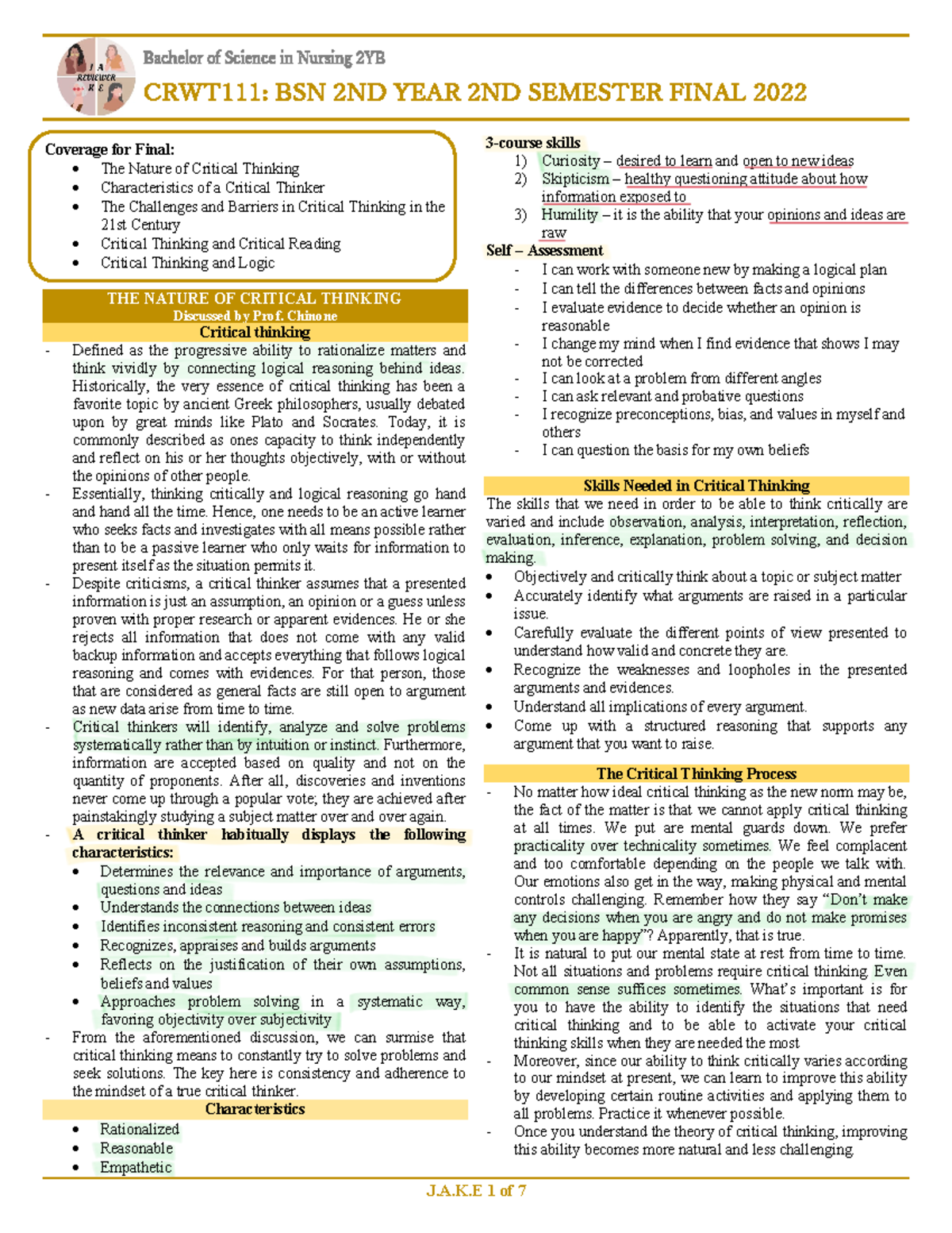 CRWT111 Final - Bachelor of Science in Nursing 2YB CRWT111: BSN 2ND ...