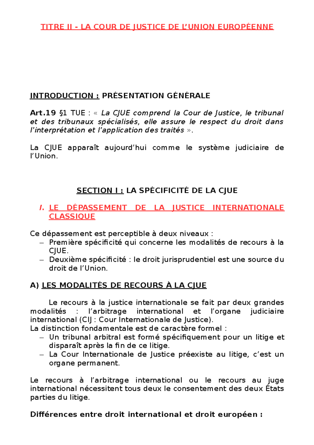 Droit de l'union européenne - Chapitre: la cour de justice de l'union ...