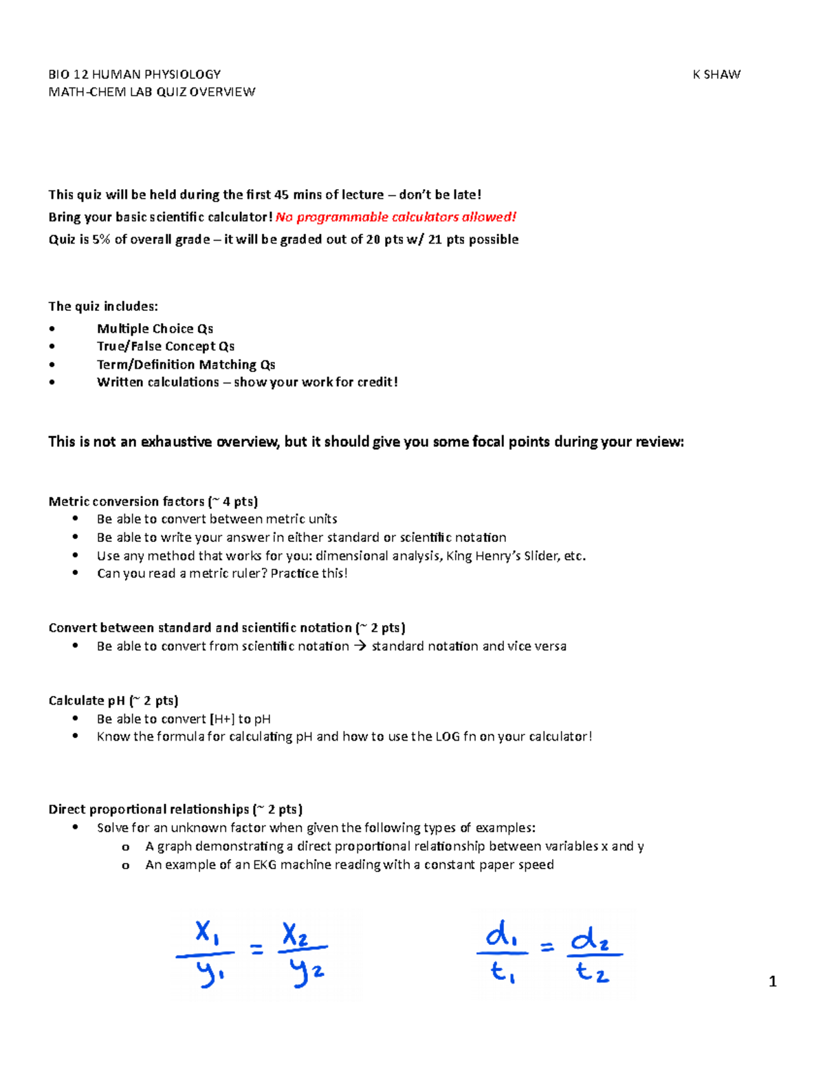 Lab 1 MATH-CHEM QUIZ Overview - BIO 12 HUMAN PHYSIOLOGY K SHAW MATH ...