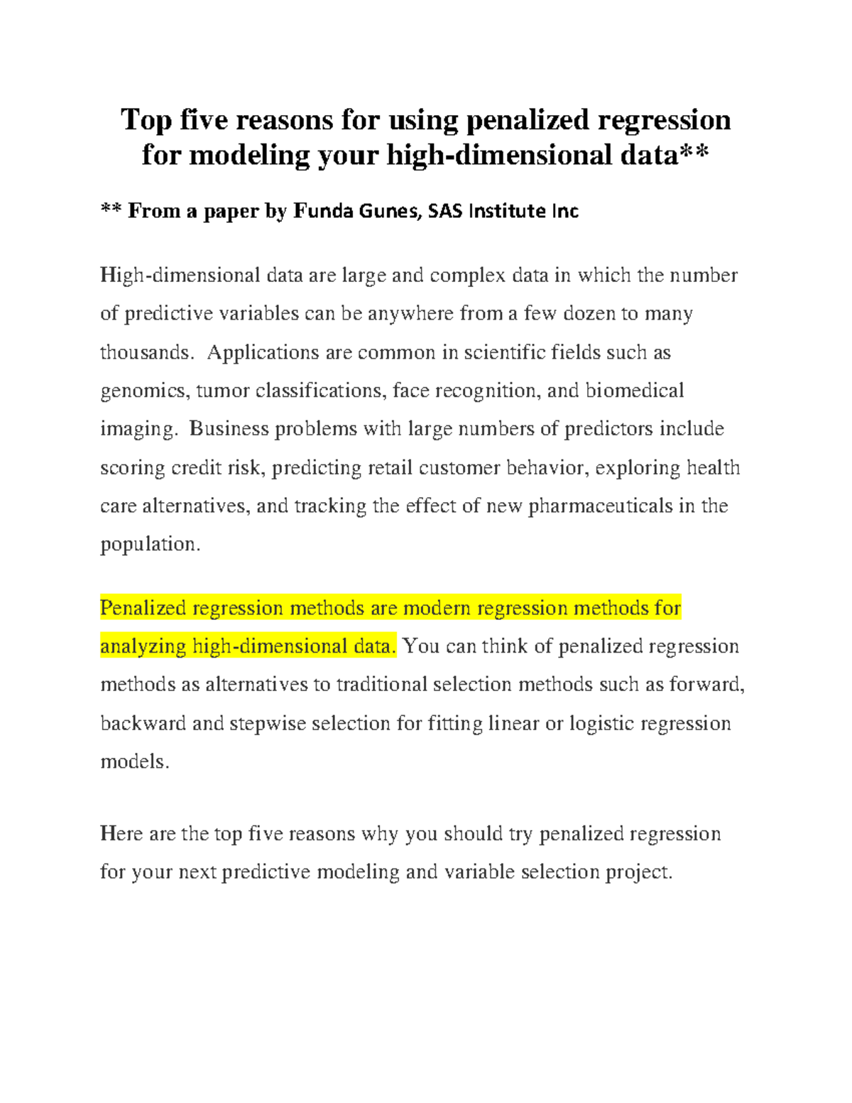 5A. Penalized Regression Paper #1 - Top five reasons for using ...