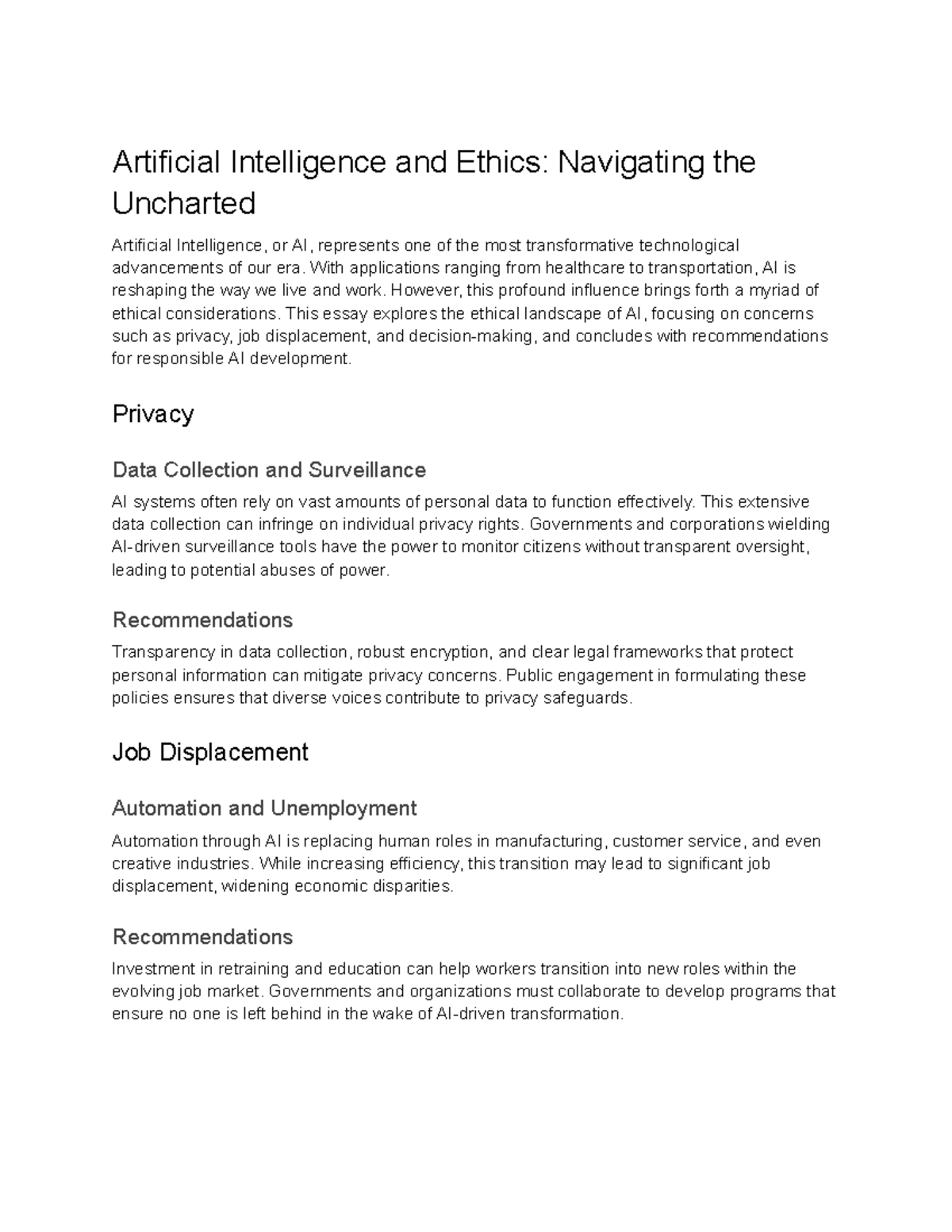 Essay - Artificial Intelligence and Ethics: Navigating the Uncharted ...