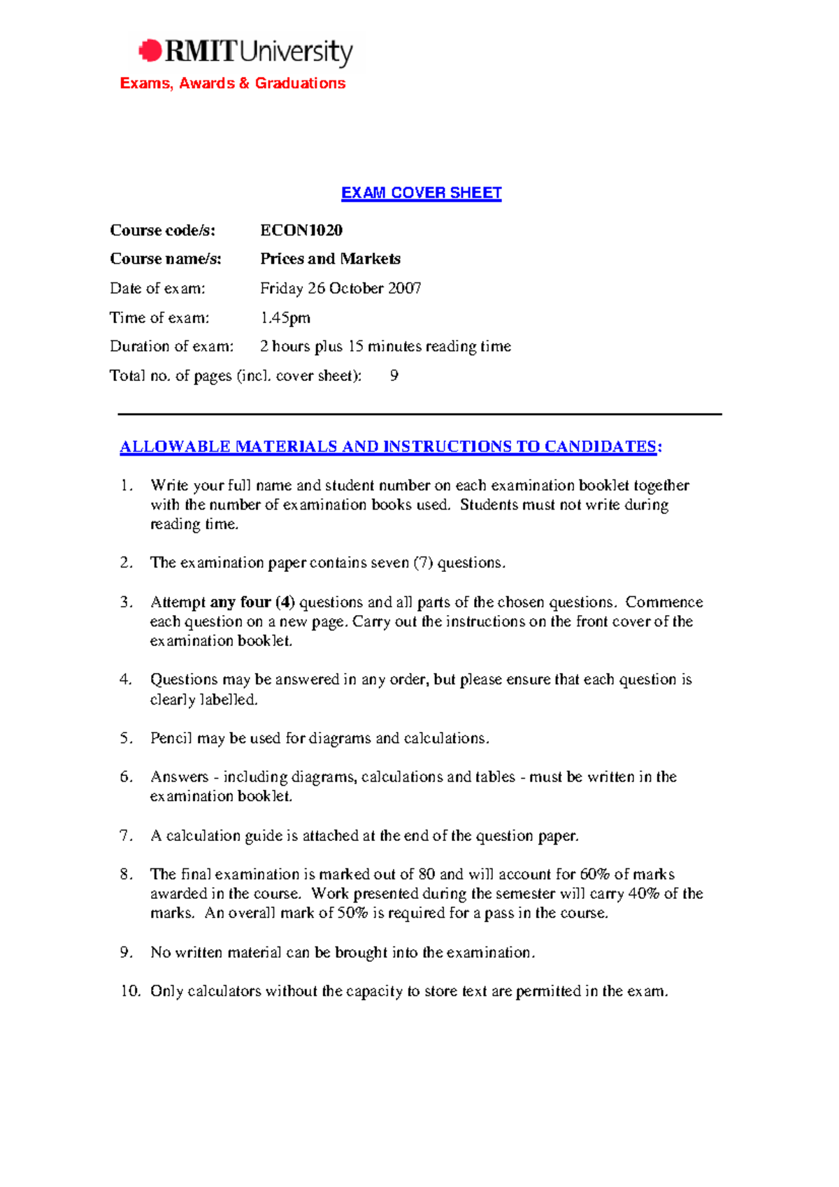 Exam 26 October 2007, Questions and Answers - Exams, Awards ...