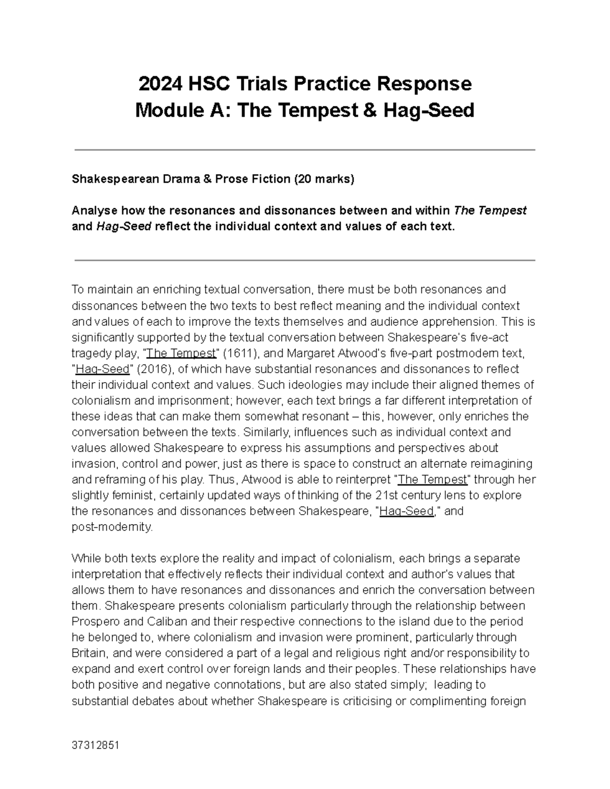Mod A The Tempest & Hag-Seed Practice Trial Exam - 2024 HSC Trials ...