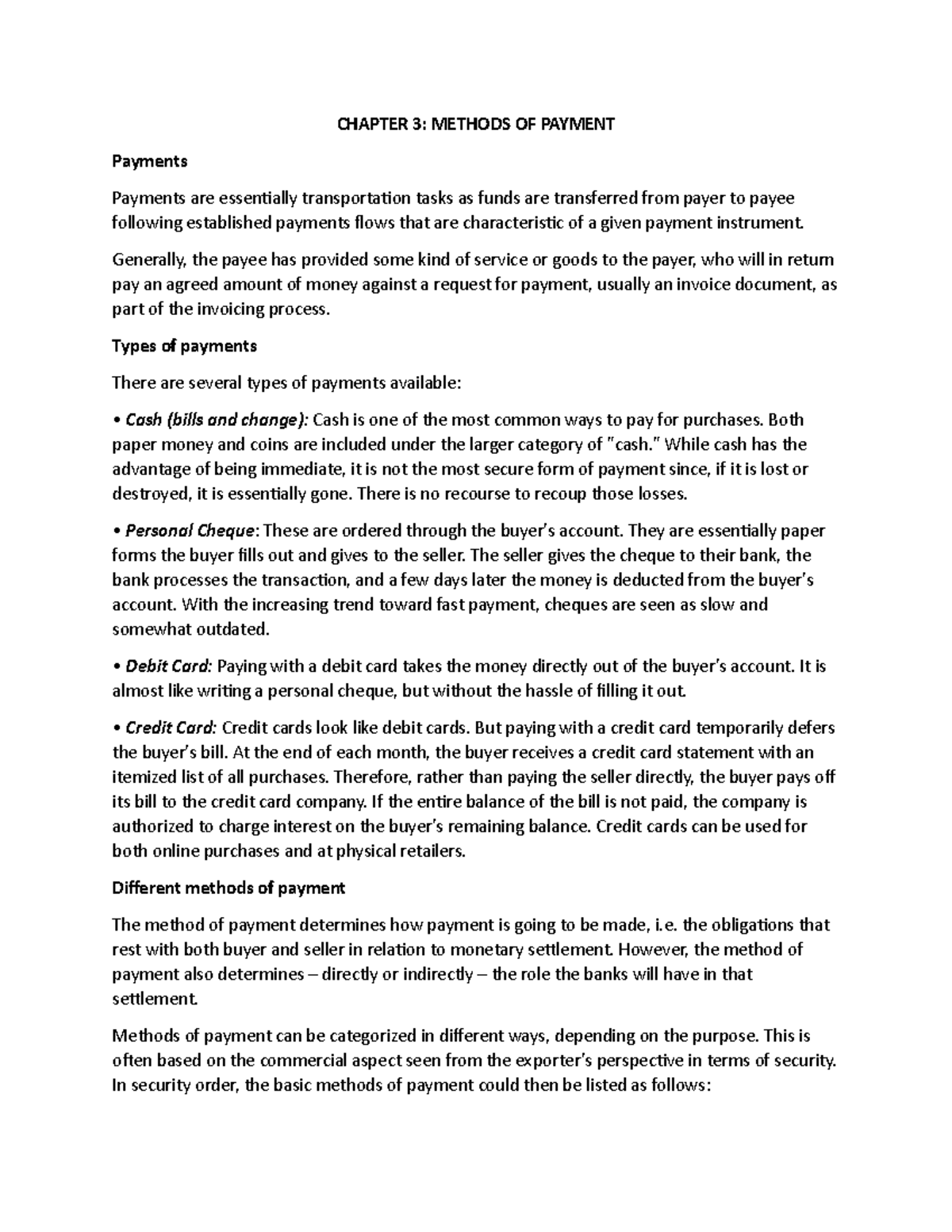 Chapter 3 Methods OF Payment - CHAPTER 3: METHODS OF PAYMENT Payments ...
