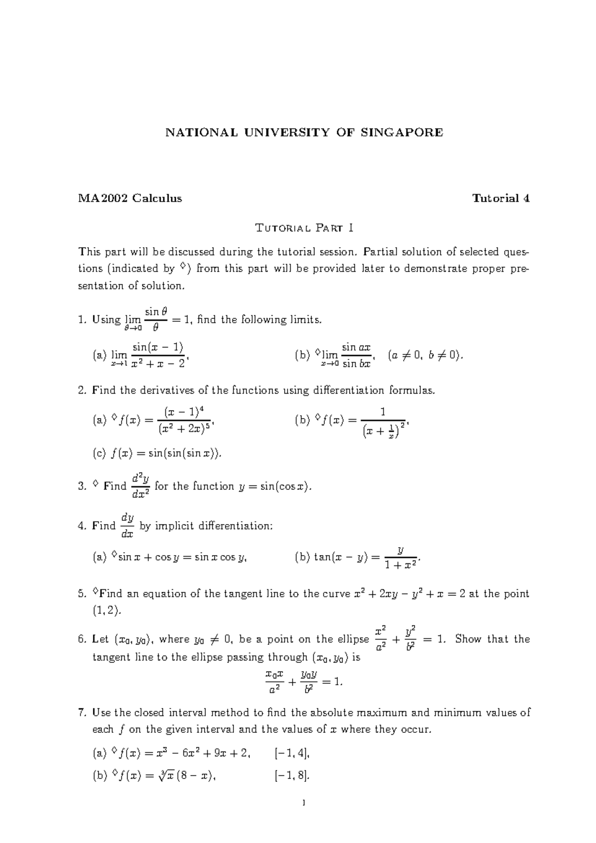 T4 semester 1 2022/2023 - NATIONAL UNIVERSITY OF SINGAPORE MA2002 Calculus Tutorial 4 Tutorial ...