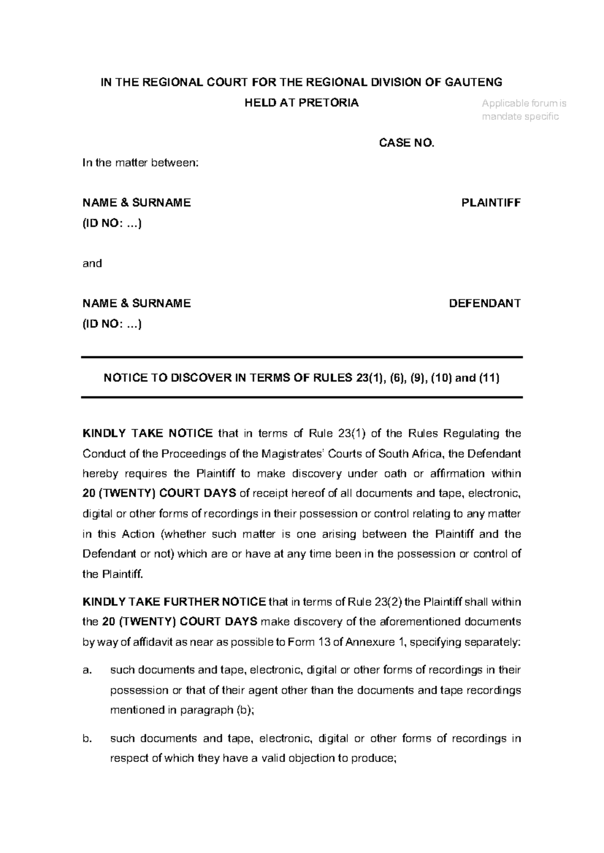 Rule 23 Notice example - IN THE REGIONAL COURT FOR THE REGIONAL ...