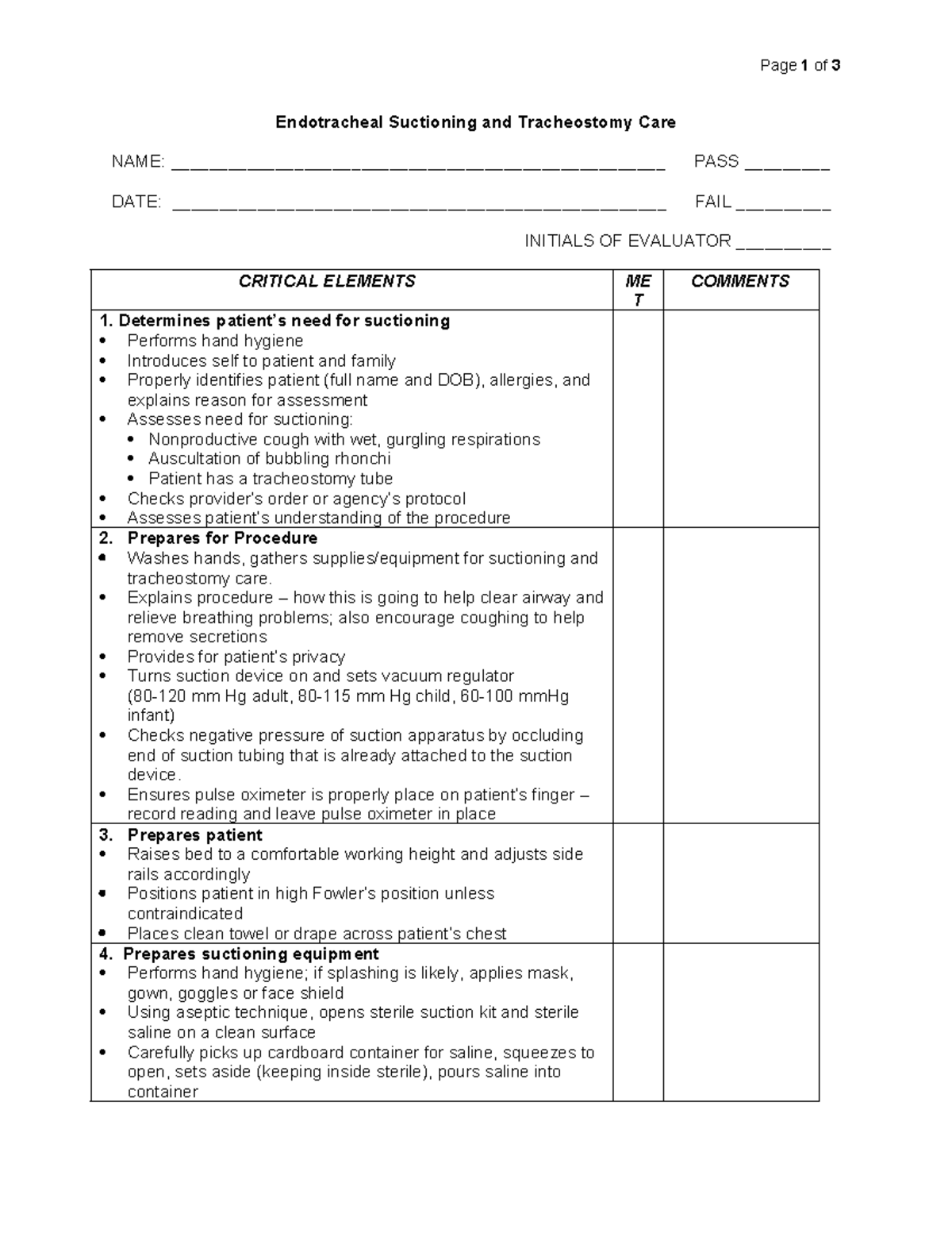 Trach Suction and Care Major Skills Check Off - Page 1 of 3 ...
