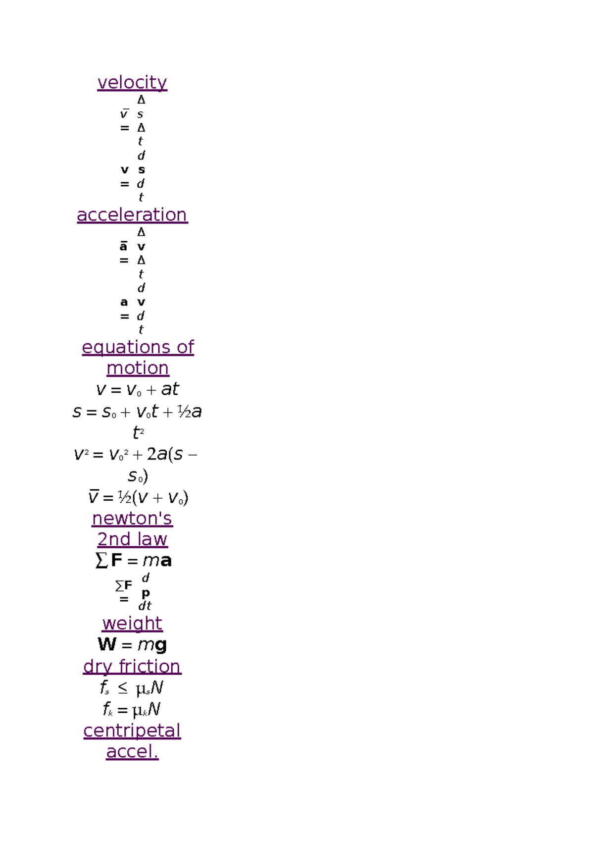 Physic - velocity s t d v s d t acceleration v t d a v d t equations of ...