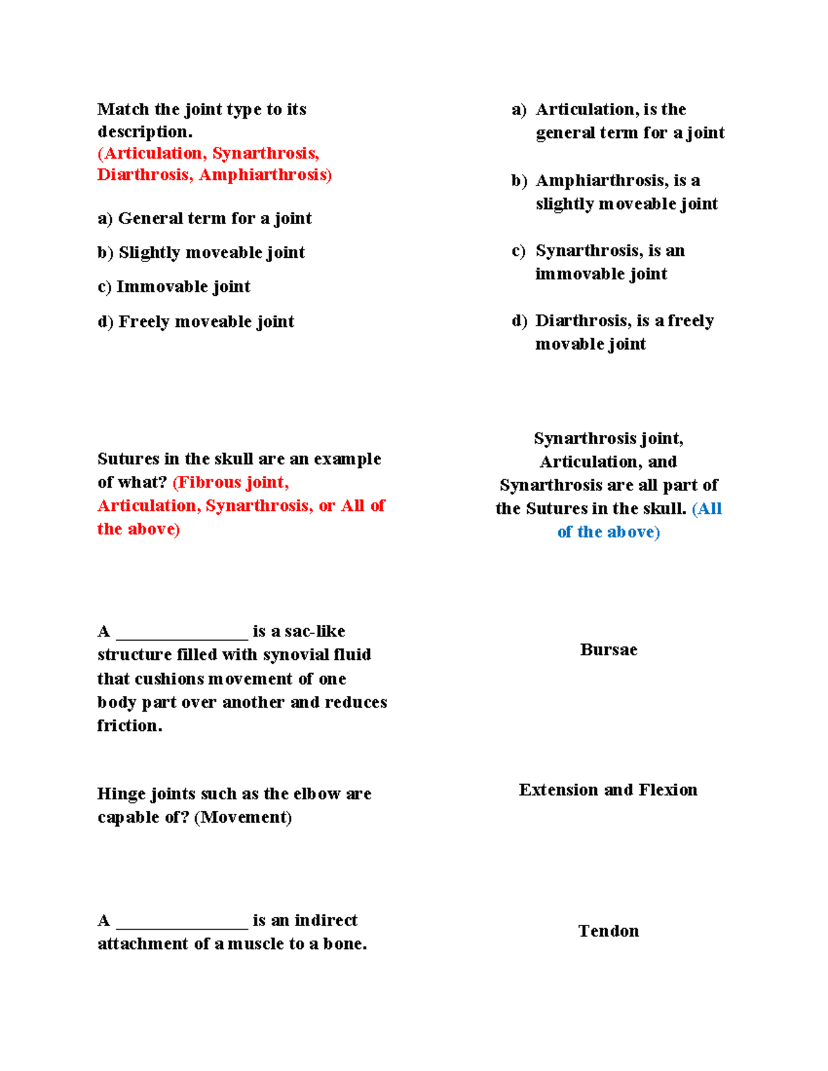 Exam3 Chapters 9,10,11 Flashcards Final - Match the joint type to its ...