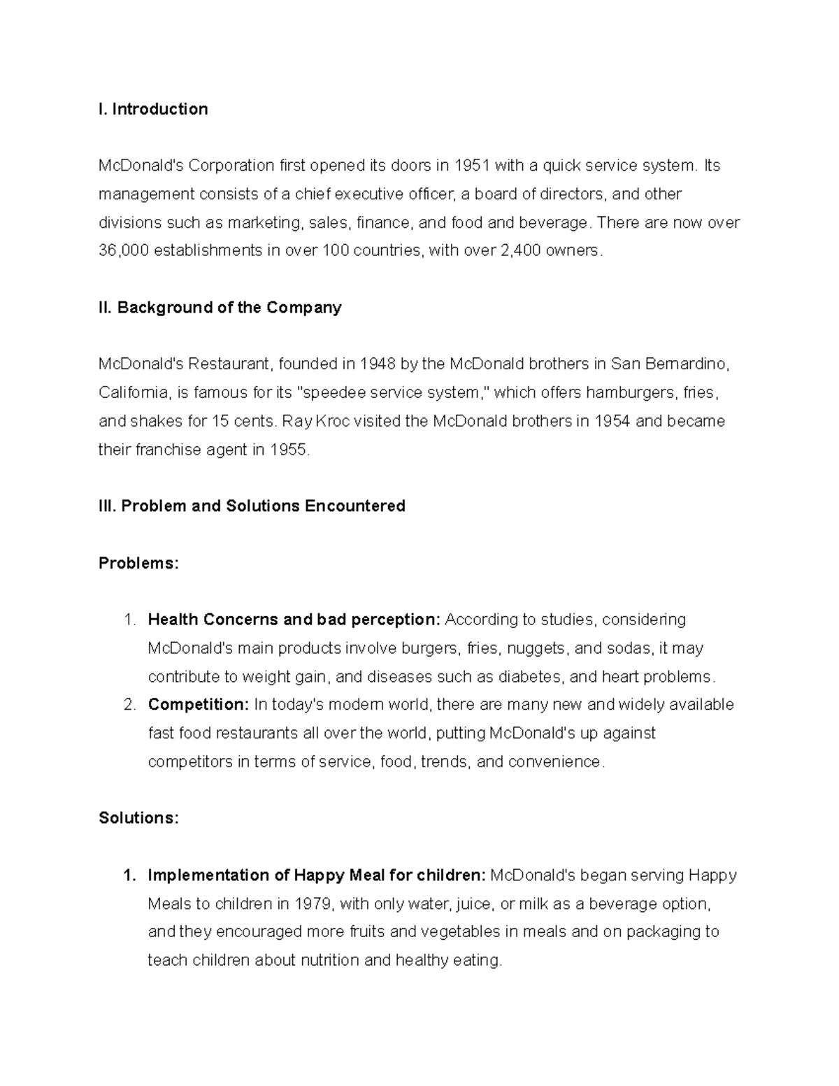 Mcdonald'S Corporation-CASE Study - I. Introduction McDonald's ...