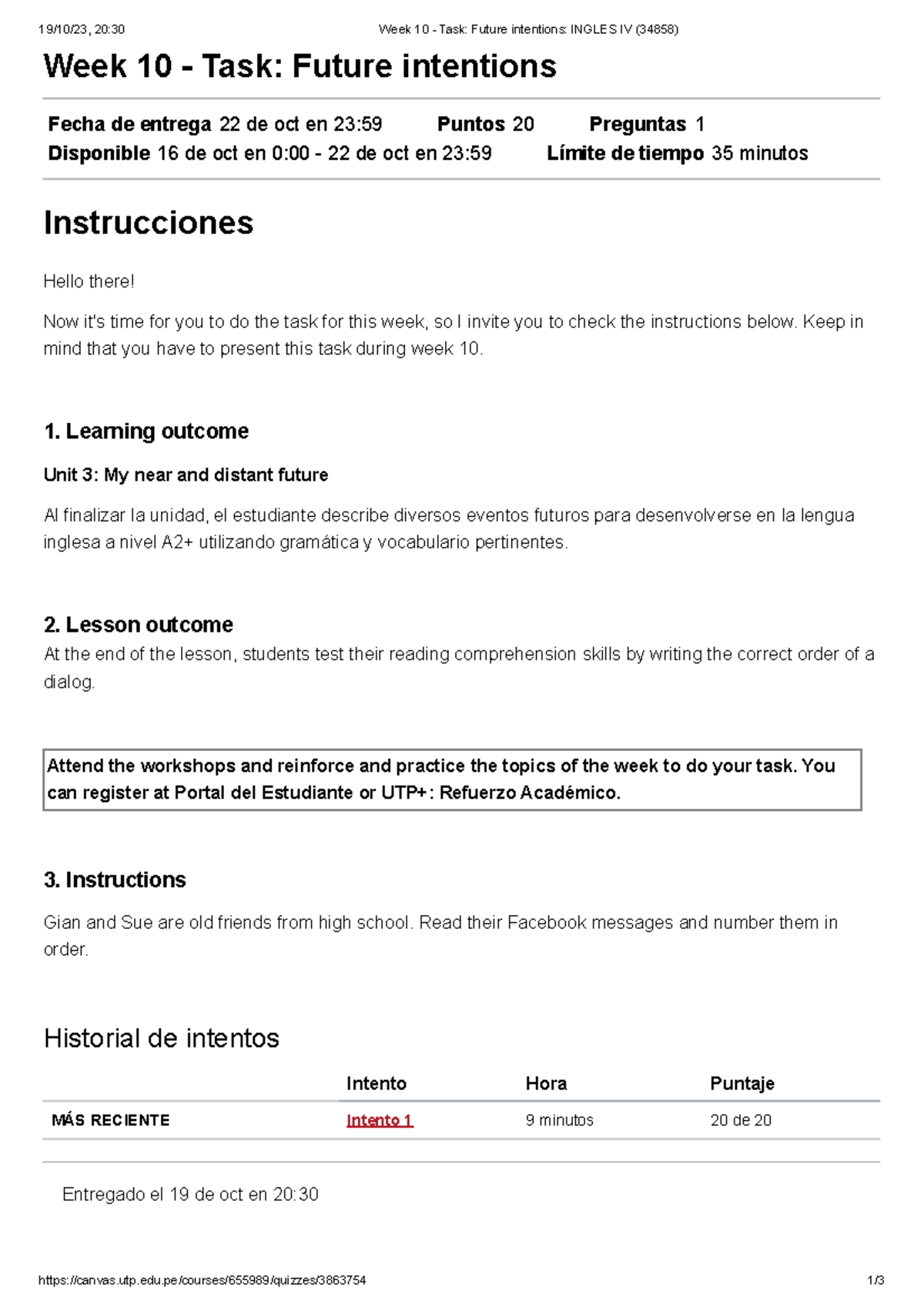 Week 10 - Task Future intentions Ingles IV (34858) - 19/10/23, 20:30 ...